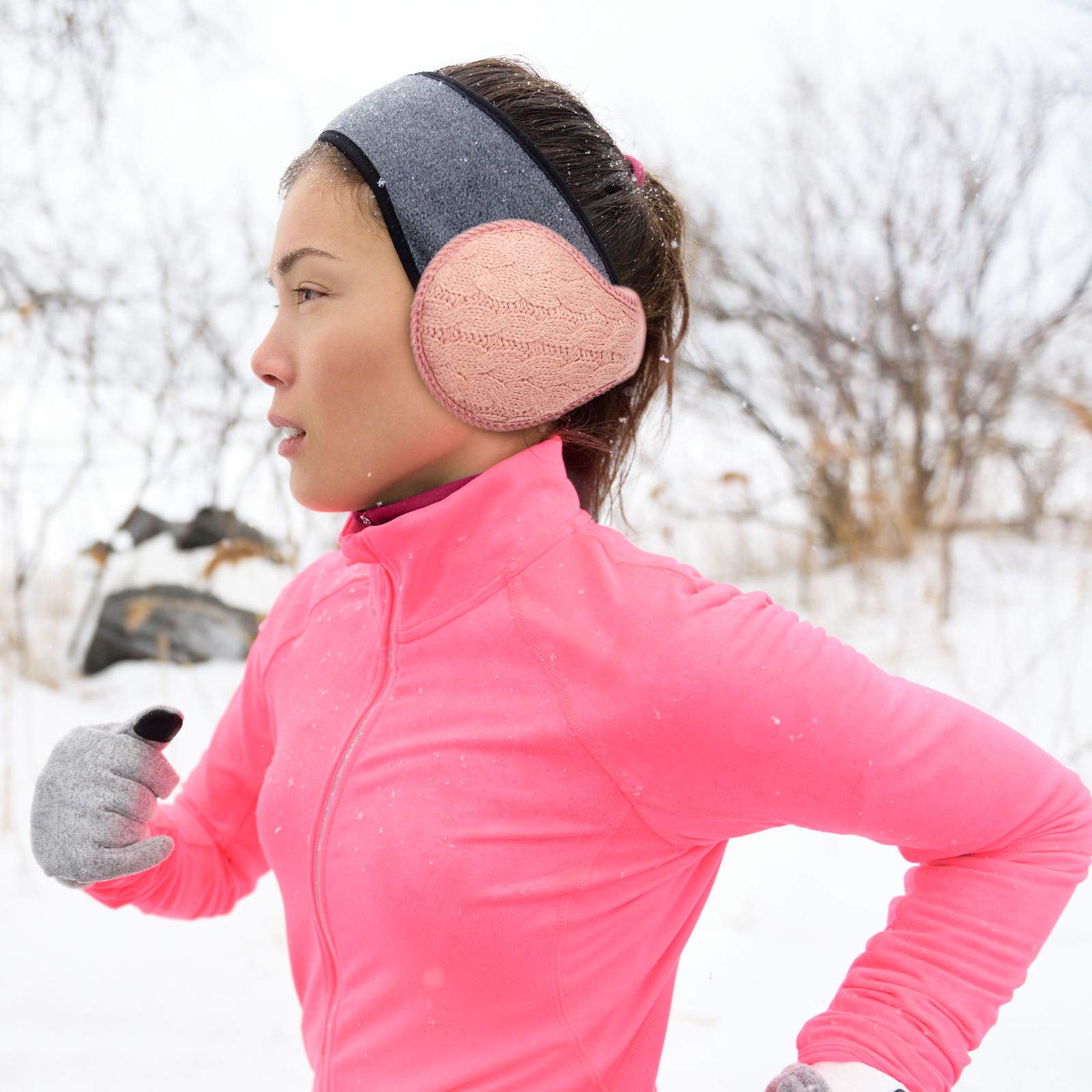 Syhood 2 Pieces Foldable Ear Warmers Adjustable Knitted Earmuffs with Fuzzy Fleece Lining Unisex Furry Winter Earmuffs (Pink and Grey)