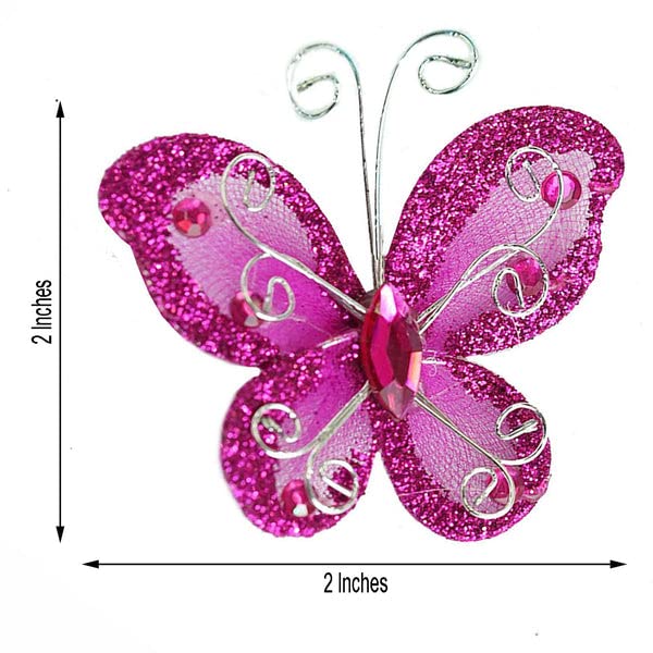 TABLECLOTHSFACTORY 12 Pack Fushia 2" Crystal Studded Organza Butterflies for Wedding Decorations