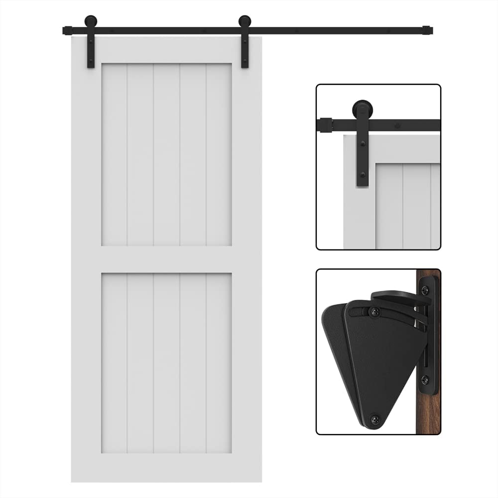 WINSOON 7.5FT Single Wood Sliding Barn Door Hardware Basic Black Big Spoke Wheel Roller Flat Track Kit with Barn Door Lock Hardware Black Steel Sliding Privacy Latch