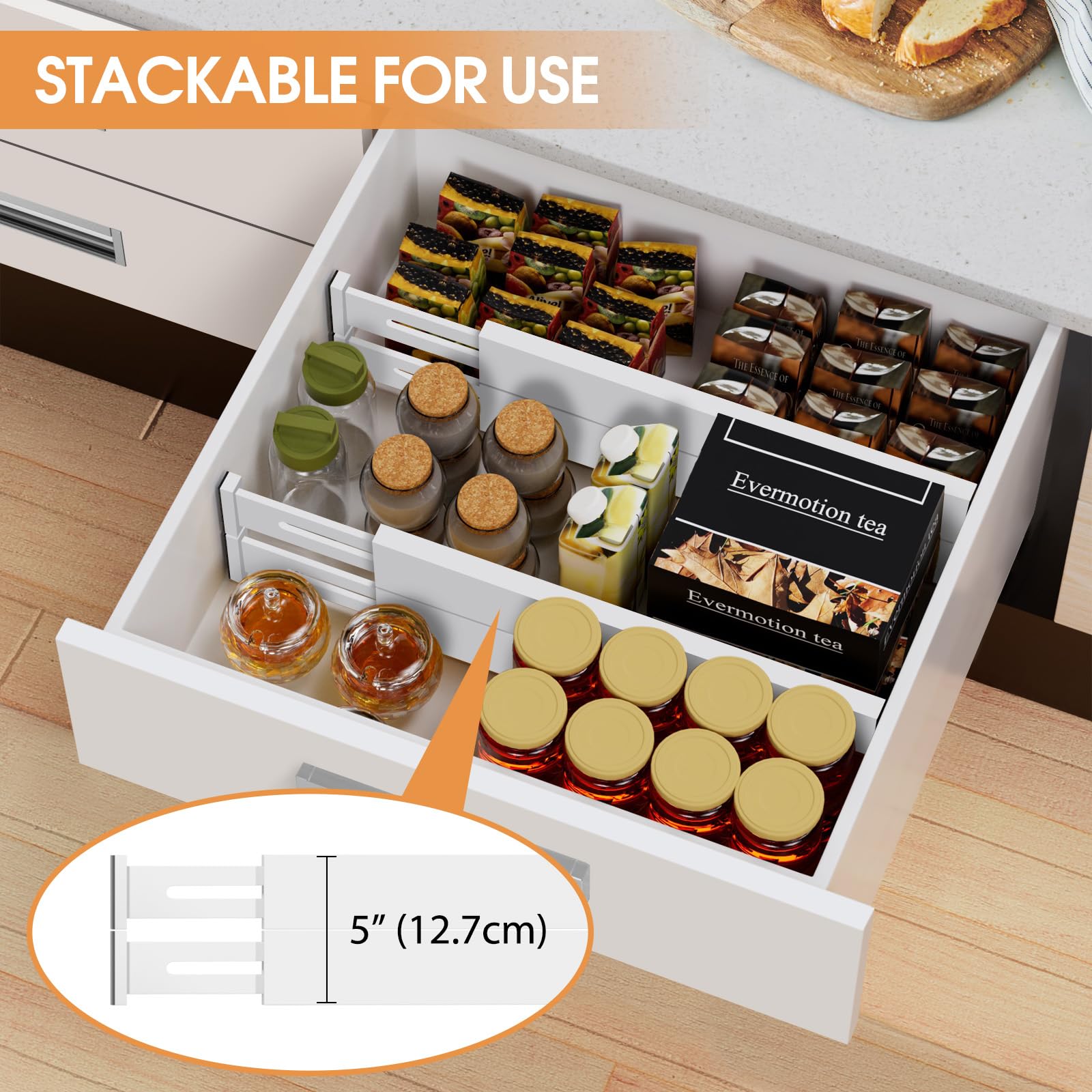 Ryqtop Bamboo Drawer Dividers Organizers, Kitchen Drawer Organizer, Adjustable Drawer Divider for Clothes, Kitchen, Dresser, Bedroom, Bathroom and Office, 4-Pack (White, 12-17 IN)