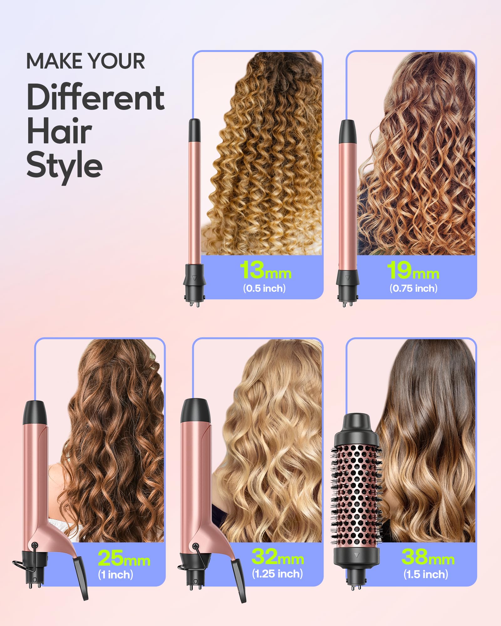 Wavytalk 5 in 1 Curling Iron,Curling Iron Set with Heated Round Brush and 4 Interchangeable Ceramic Curling Wand(0.5β-1.25"), Instant Heat Up,Dual Voltage Hair Curler