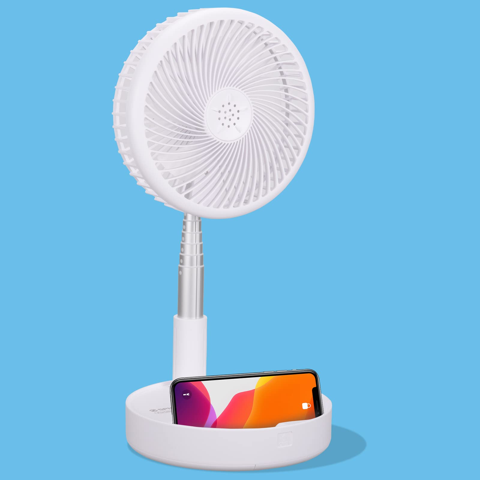 Spurtar Portable Standing Fan, Foldaway Fan, Desk and Table Foldable Fan Rechargeable Battery Operated USB Quiet Adjustable Standing Height 13.7'' to 38'' (34.7cm to 97cm) 4 Speed Modes