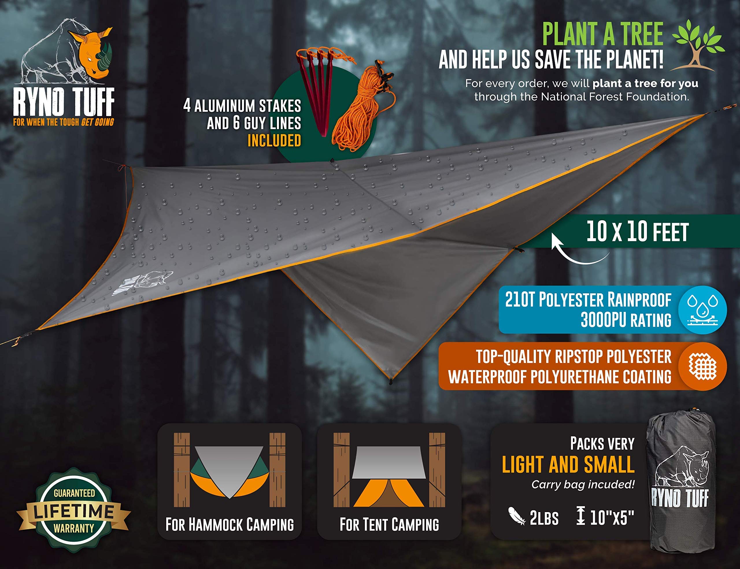 Ryno Tuff 10 X 10 ft Waterproof Hammock Rain Fly, Aluminum Ground Stakes & Guy Lines - Lightweight 3000MM Rated Sunshade Tarp for UV Protection While Outdoor Camping, Backpacking, Traveling & Hiking