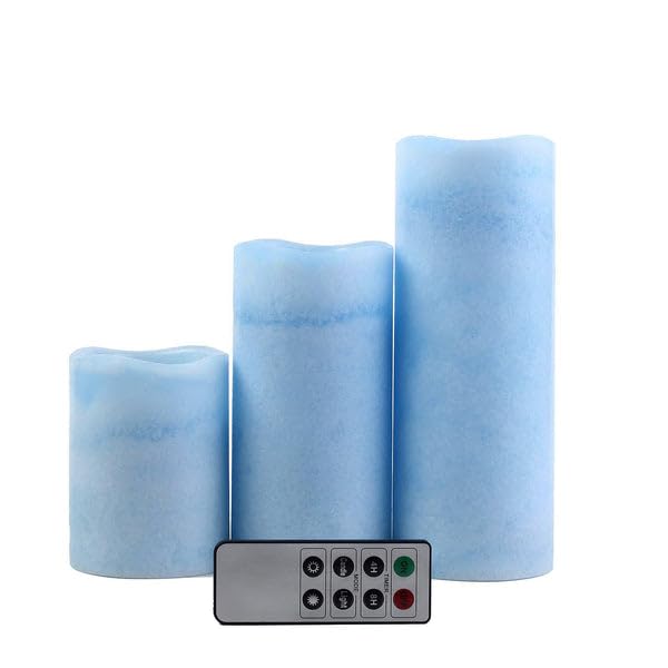 Tableclothsfactory Set of 3 Blue Flameless Candles Battery Operated LED Pillar Candle Lights with Remote Timer - 4" / 6β / 8β