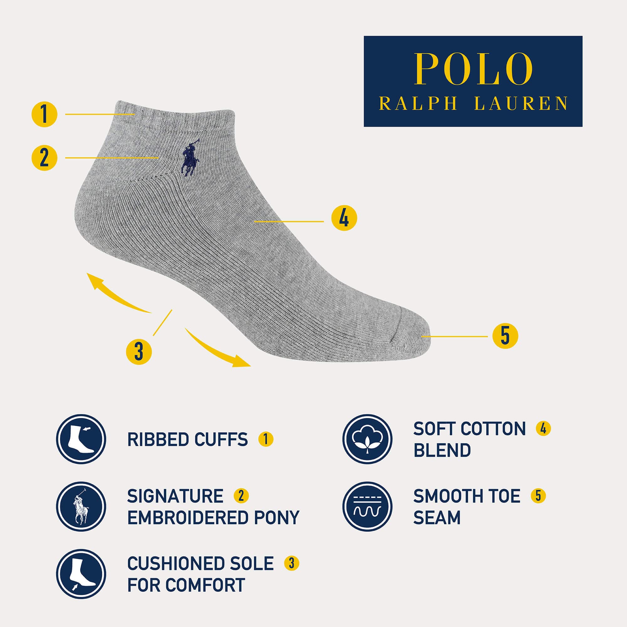 POLO RALPH LAUREN Men's Classic Sport Solid Socks 6 Pair Pack - Cushioned Cotton Comfort, Black, 6-12.5