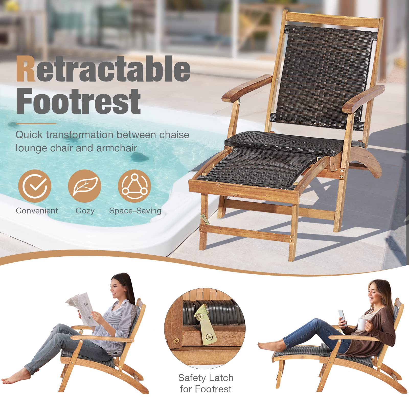 RELAX4LIFE Patio Lounge Chair Set - Outdoor Acacia Wood Chaise Lounge w/Side Table, Armrest & Retractable Ottoman, Rattan Seat, Tabletop, Quick Folding Sunbathing Chair for Backyard, Poolside (2)