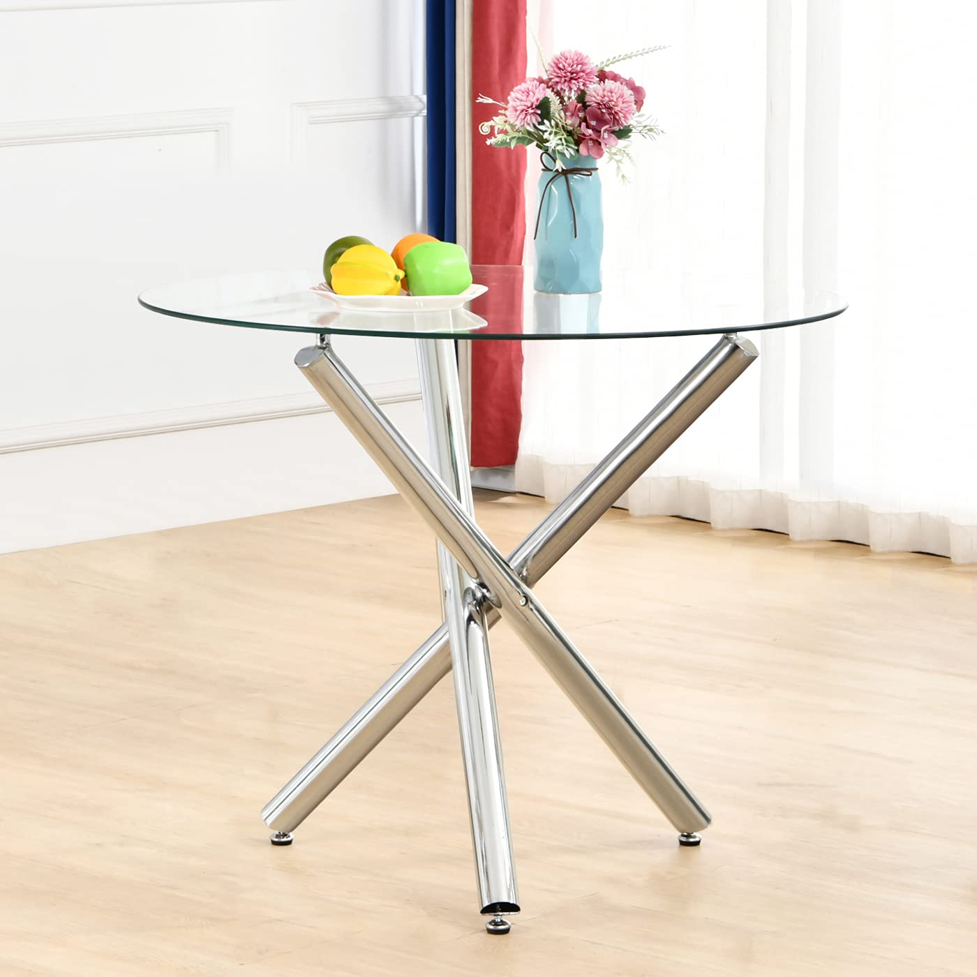 SICOTAS Glass Dining Table Round Kitchen Table with 3 Silver Chrome Legs,Modern Circle Dining Room Tables for 2 or 4,Small Compact Dinner Table for Apartment or Small Spaces,35.4D x 29.5H,Clear