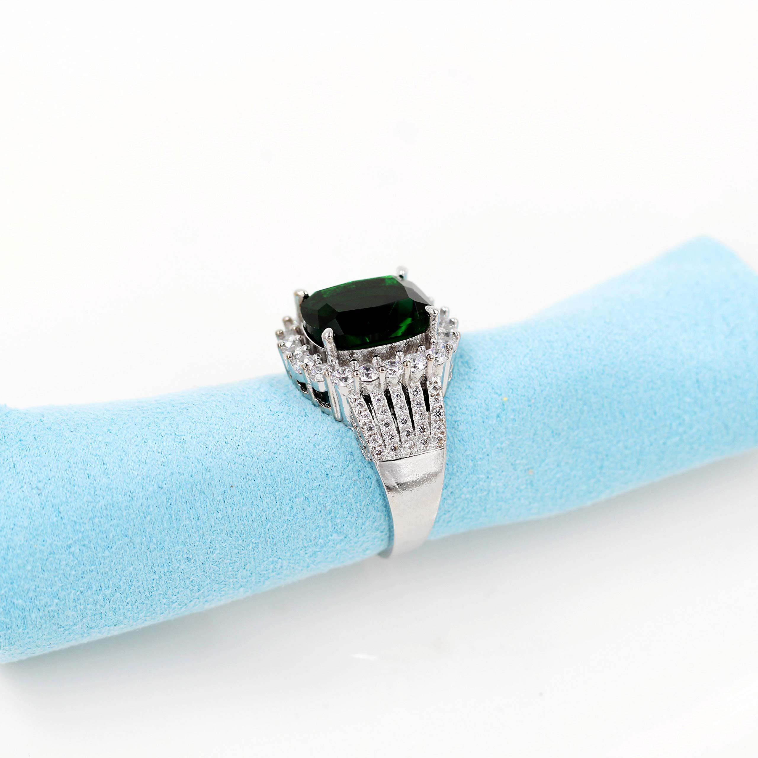 Uloveido Women's Platinum Plated Cushion Cut 5CT Simulated Emerald Rings, Adjustable Birthstone Ring, Green Cubic Zirconia Jewelry Y987