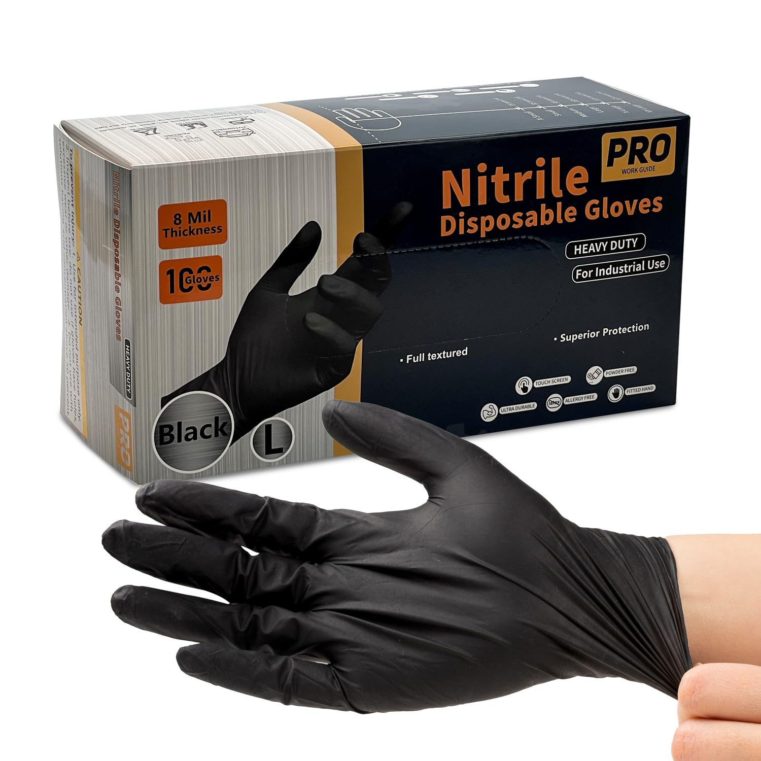 Pro Work Guide Black Nitrile Disposable Gloves 8 Mil, Latex & Powder Free, Full Textured Grip, Chemical Resistance (Extra Large)