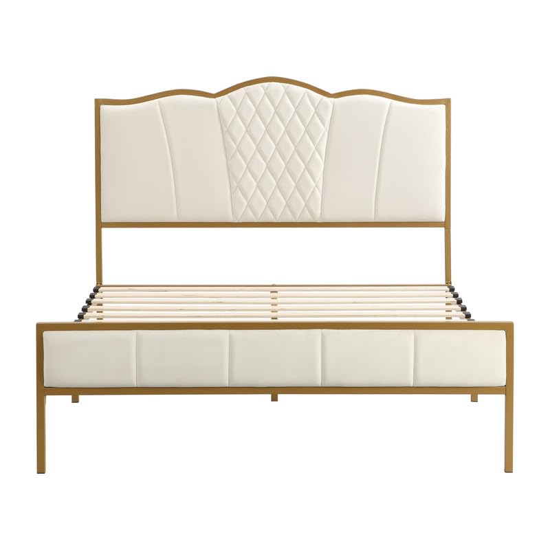 Queen Size Bed Frame, with Tufted Headboard, Golden Metal Platform Bed Frame with Wood Slat Support, Noise Free, No Box Spring Needed,Beige