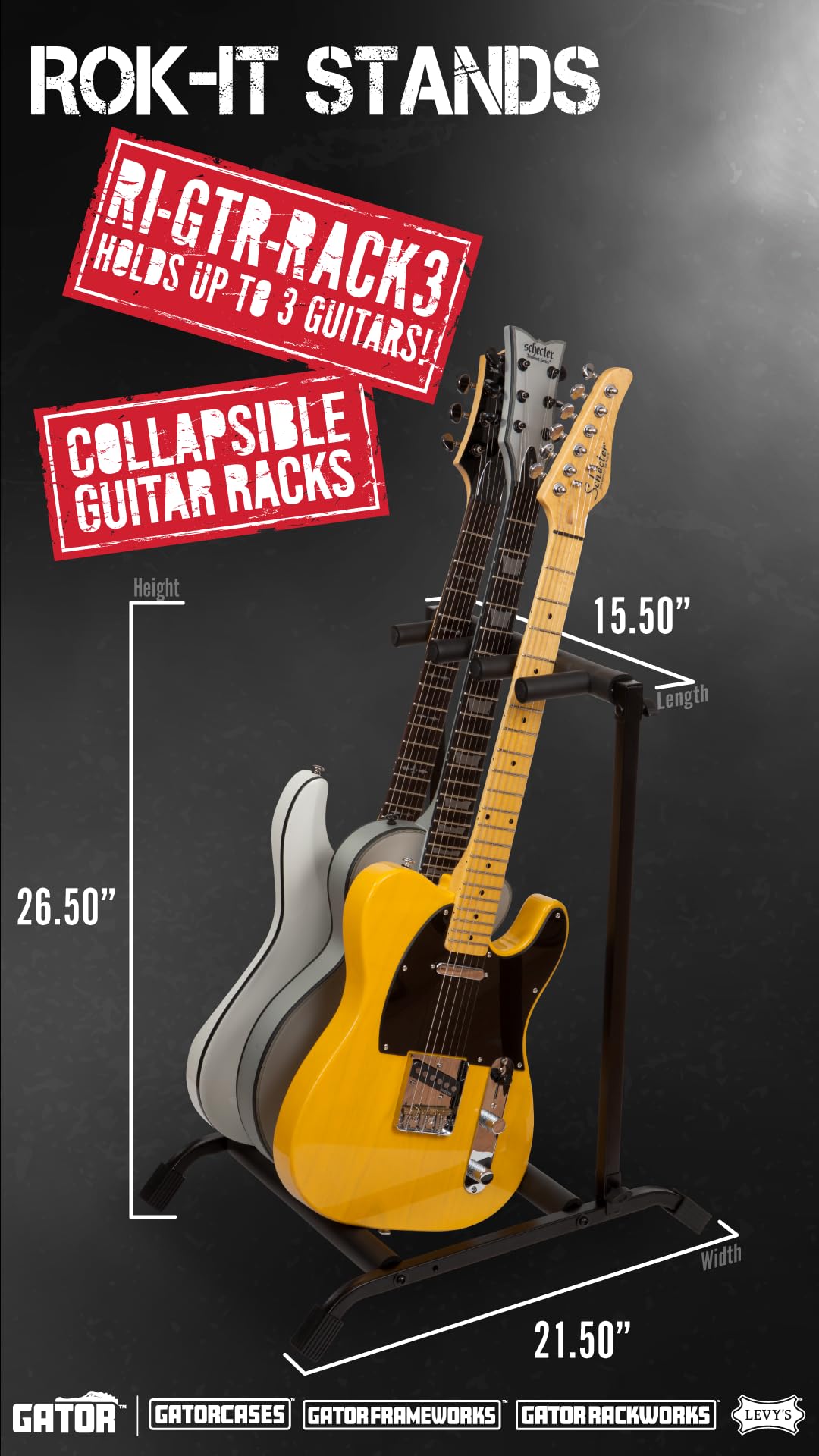 Rok-It Multi Guitar Stand Rack with Folding Design; Holds up to 3 Electric or Acoustic Guitars (RI-GTR-RACK3)