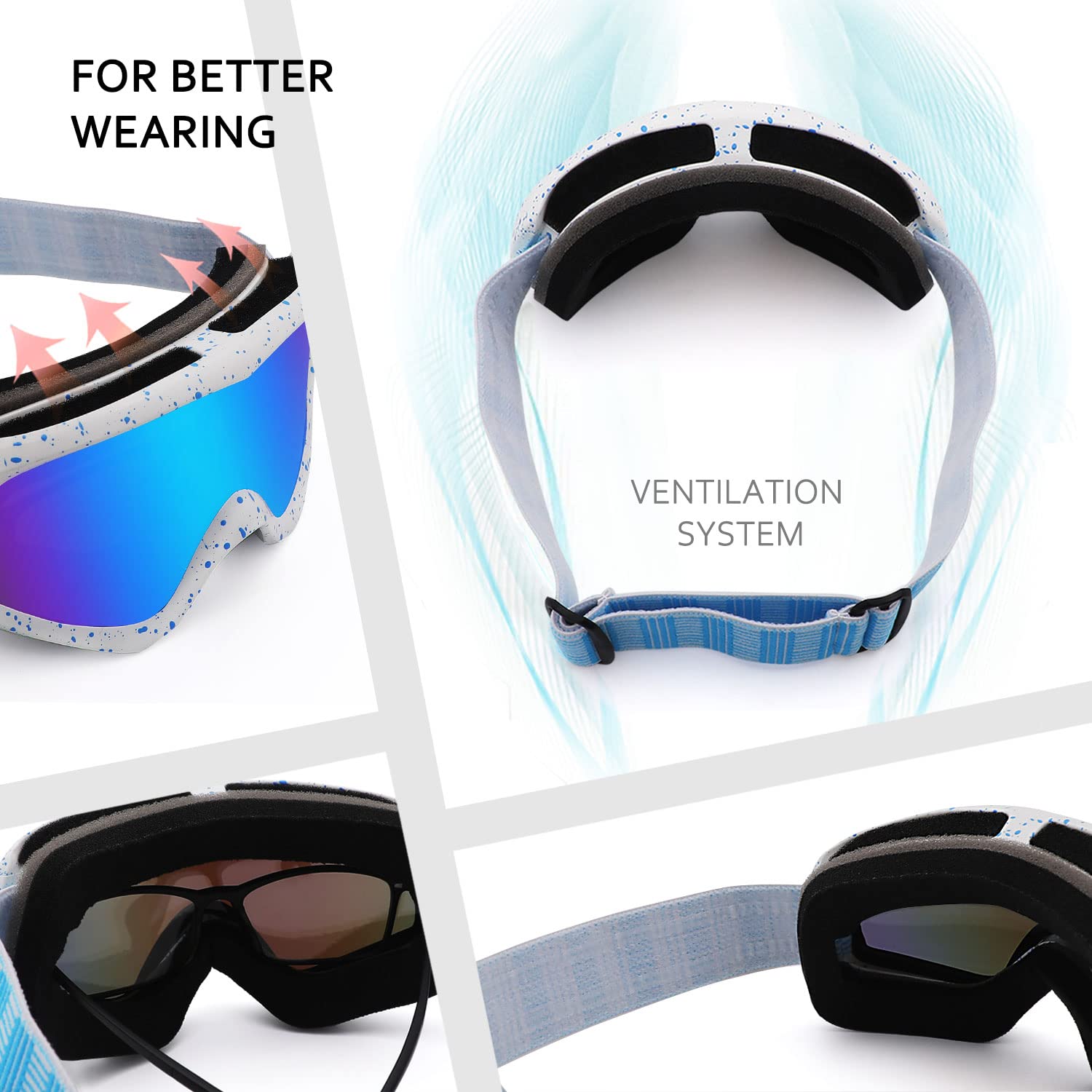 Ukoly Ski Goggles, 100% UV Protection OTG Snowboard Goggles for Men, Women Adult Youth