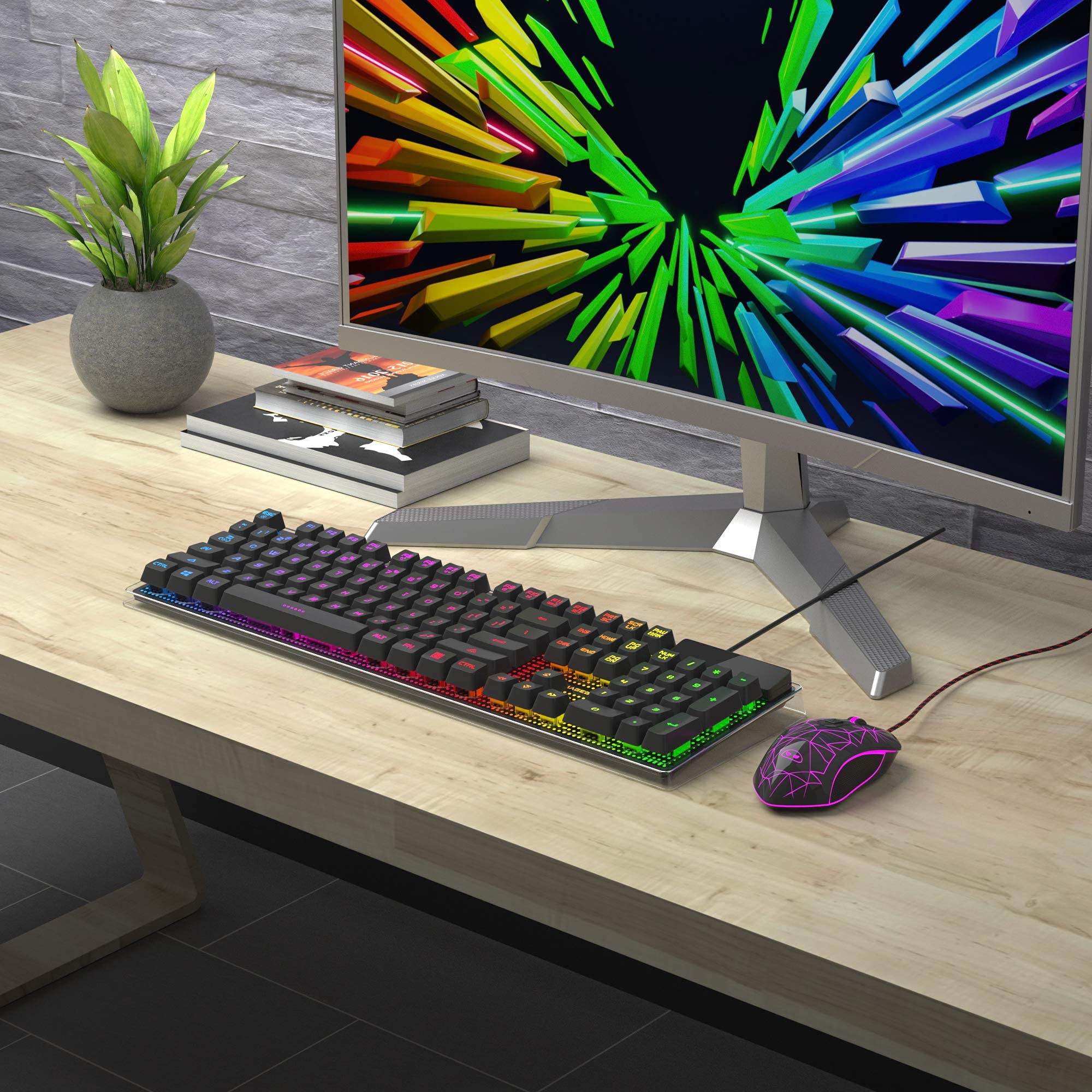 Wired Gaming Keyboard and Mouse Combo, LED Rainbow Backlit 104 Keys Gaming Keyboard with Crystal Cover, 7 Color Backlit Gaming Mouse 3200 for PC Computer Desktop (Black)