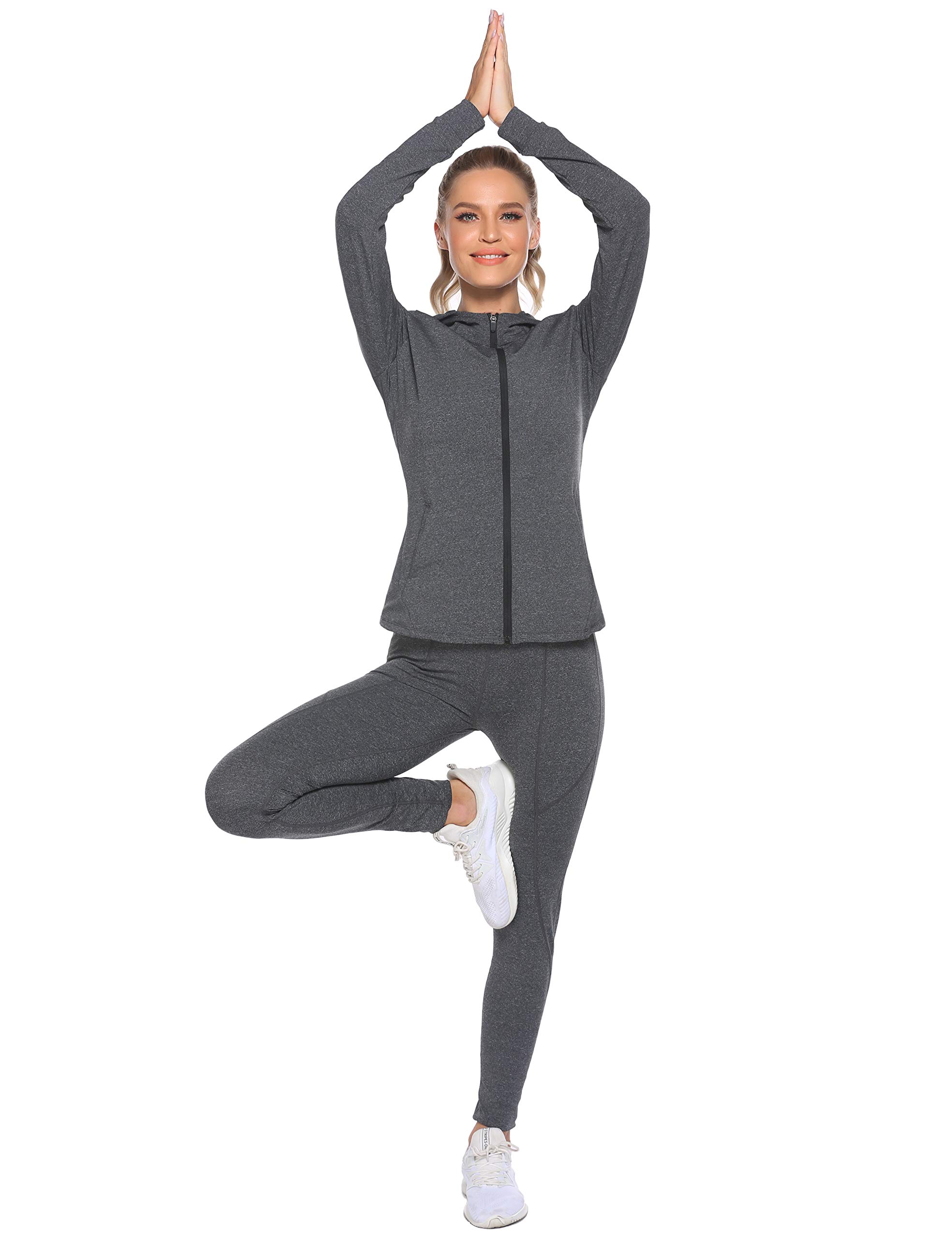 Women's Activewear Sets 2 Piece Workout Outfits Hooded Long Sleeve Athletic Set Plus Size Gym Sets for Women Grey XXL