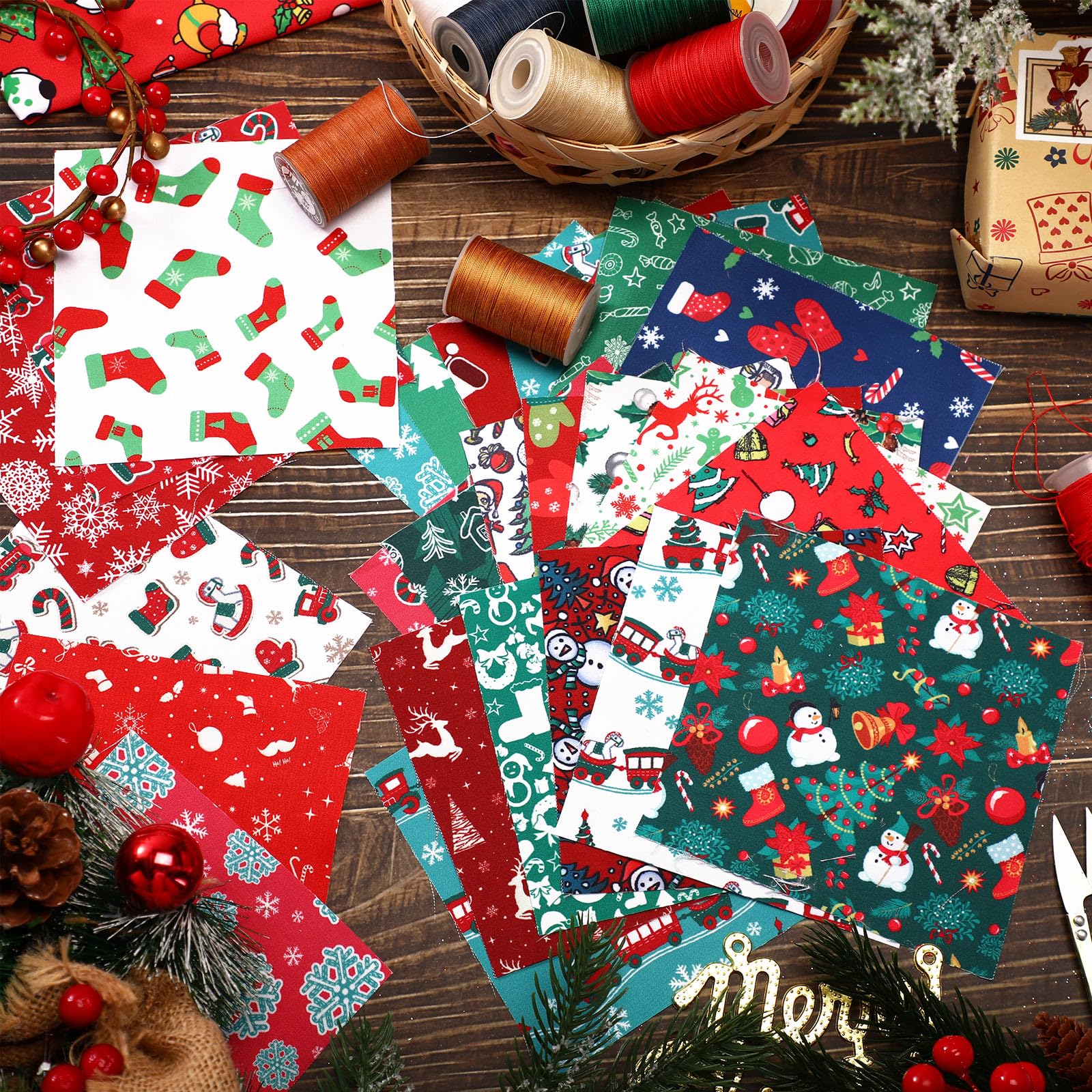 Preboun 100 Pcs 5 x 5 Inches Christmas Fabric Square Quilting Fabric Squares Bundle Sewing 25 Different Christmas Patterns Precut Polyester Patchwork for DIY Christmas Sewing Crafting Supplies