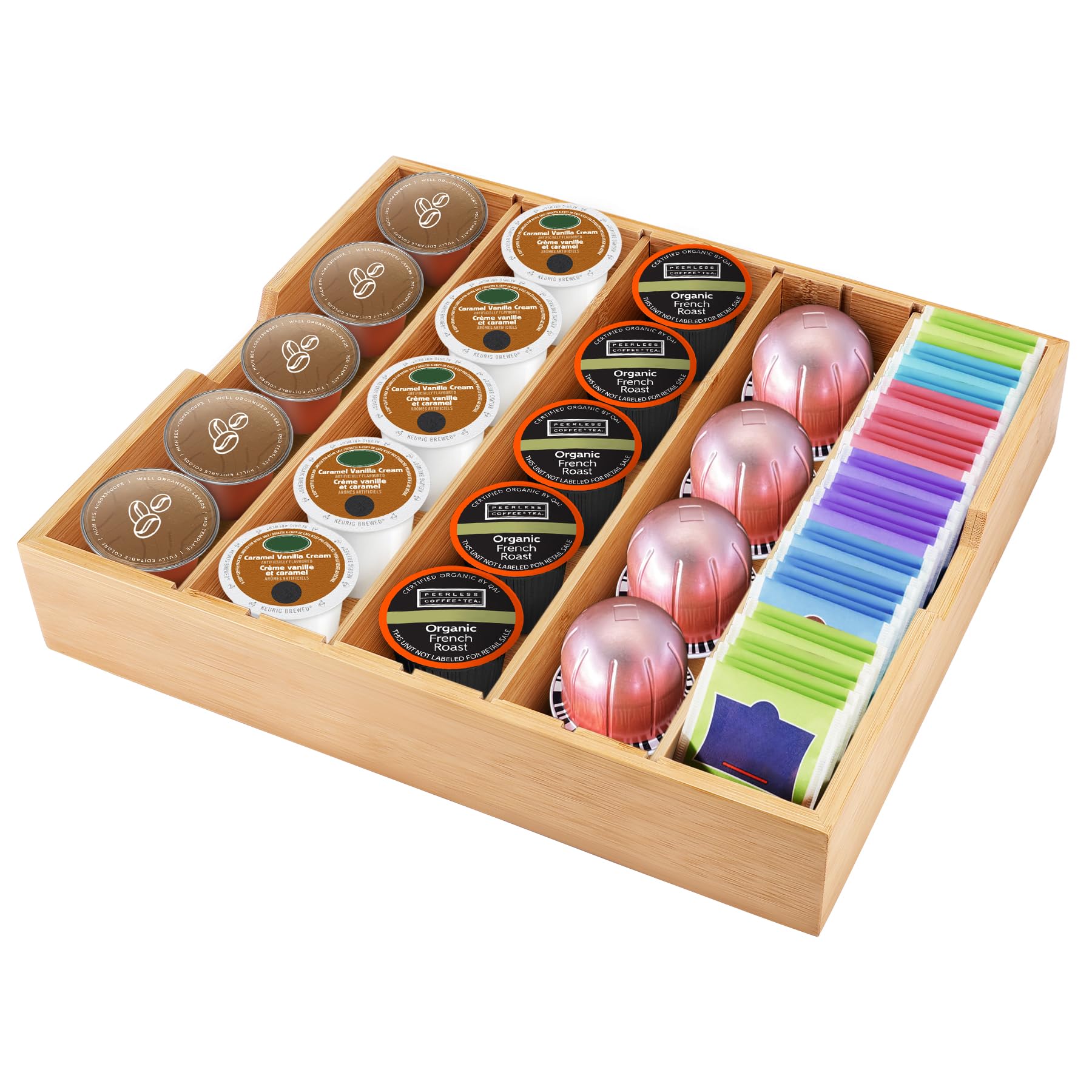 TRUSBER Bamboo K Cup Holder for Counter, Coffee Pod Drawer Organizer Compatible with Nespresso Vertuo Capsules, 25-36 K Cup Drawer Organizer for Coffee Station Home and Office K Cup Storage