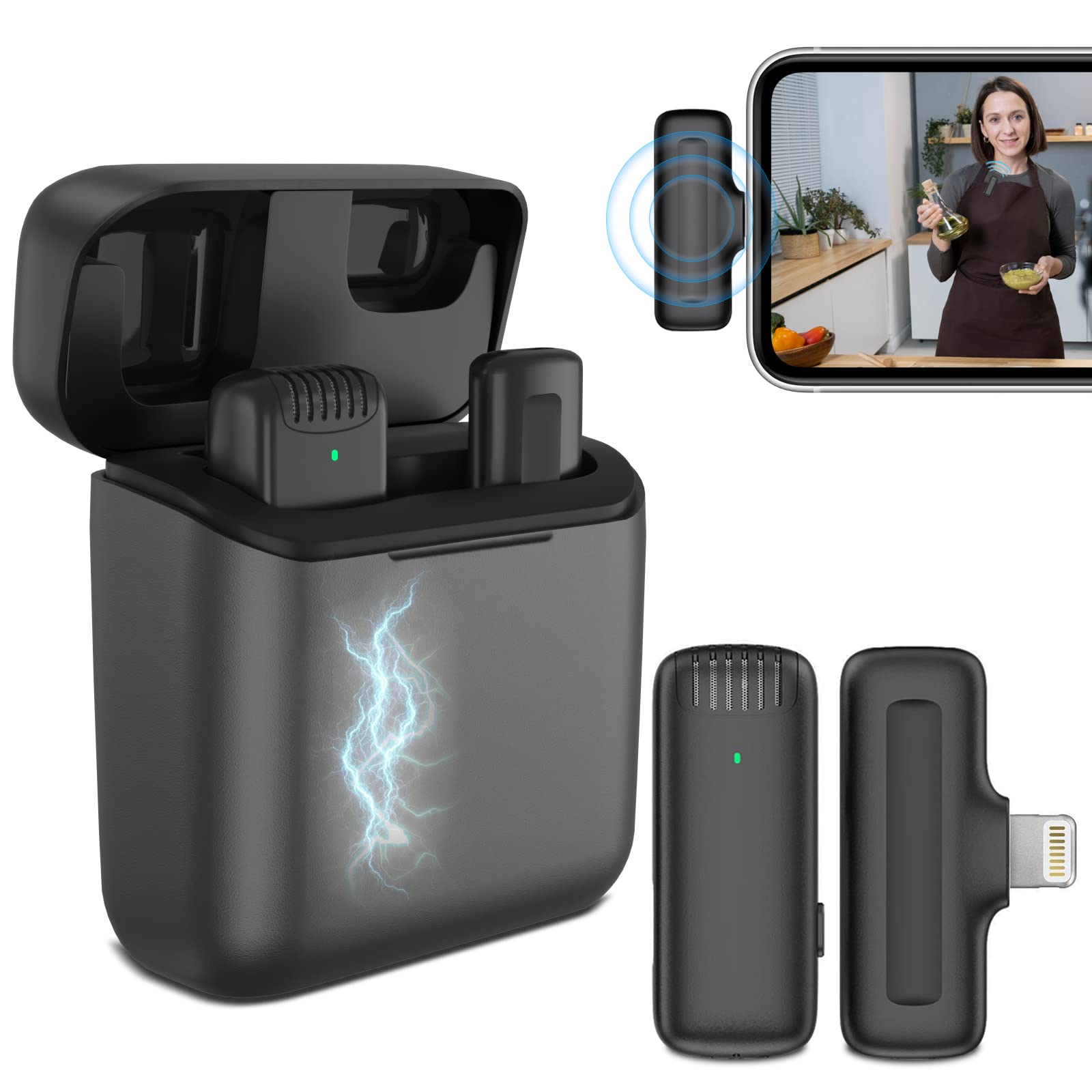 Wireless Lavalier Microphone with Charging Case for iPhone iPad, Mini Lapel Mic for Recording, YouTube, TikTok, Facebook Live Stream, Vlogging - 3 Level Noise Reduction