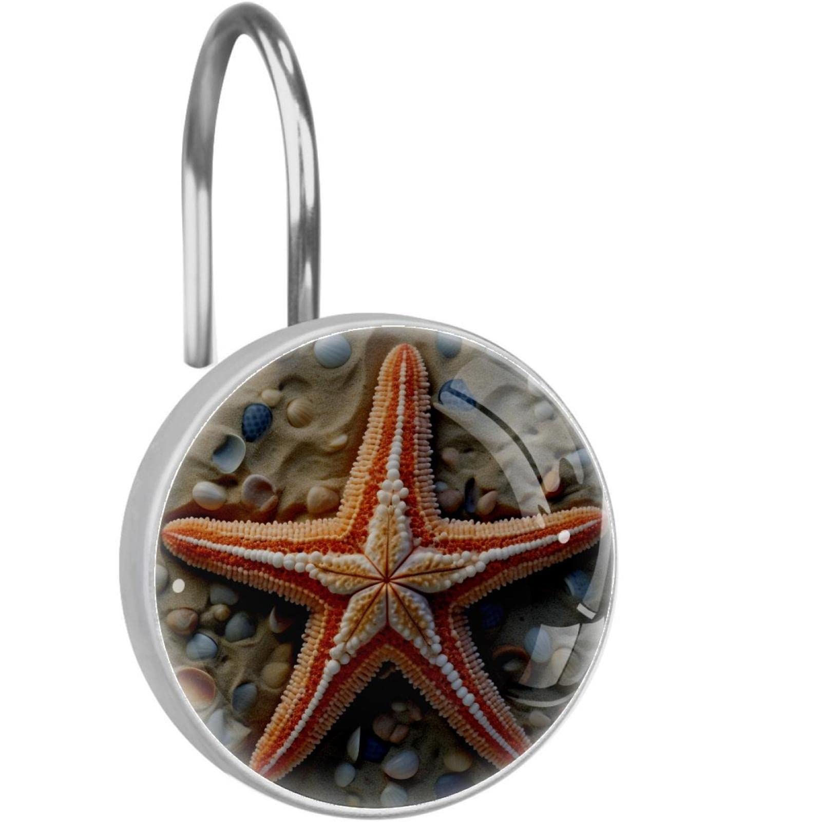 Shower Curtain Hooks Set of 12,Ocean Beach Sea Starfish,Shower Curtain Ring Crystal Glass Bathroom Hook
