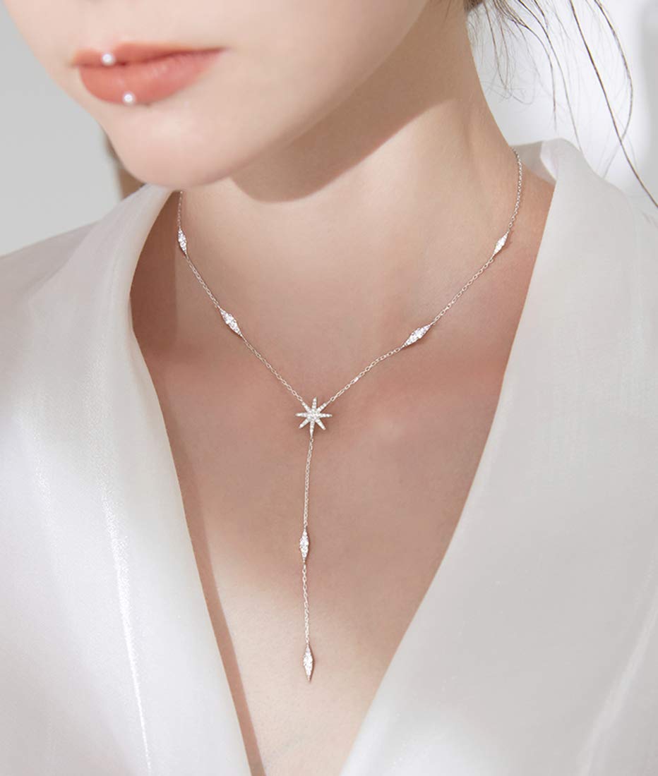 SLUYNZ 925 Sterling Silver Star Y Necklace for Women Teens CZ Star Necklace Snowflake Choker Necklace Pendant (A-Silver)
