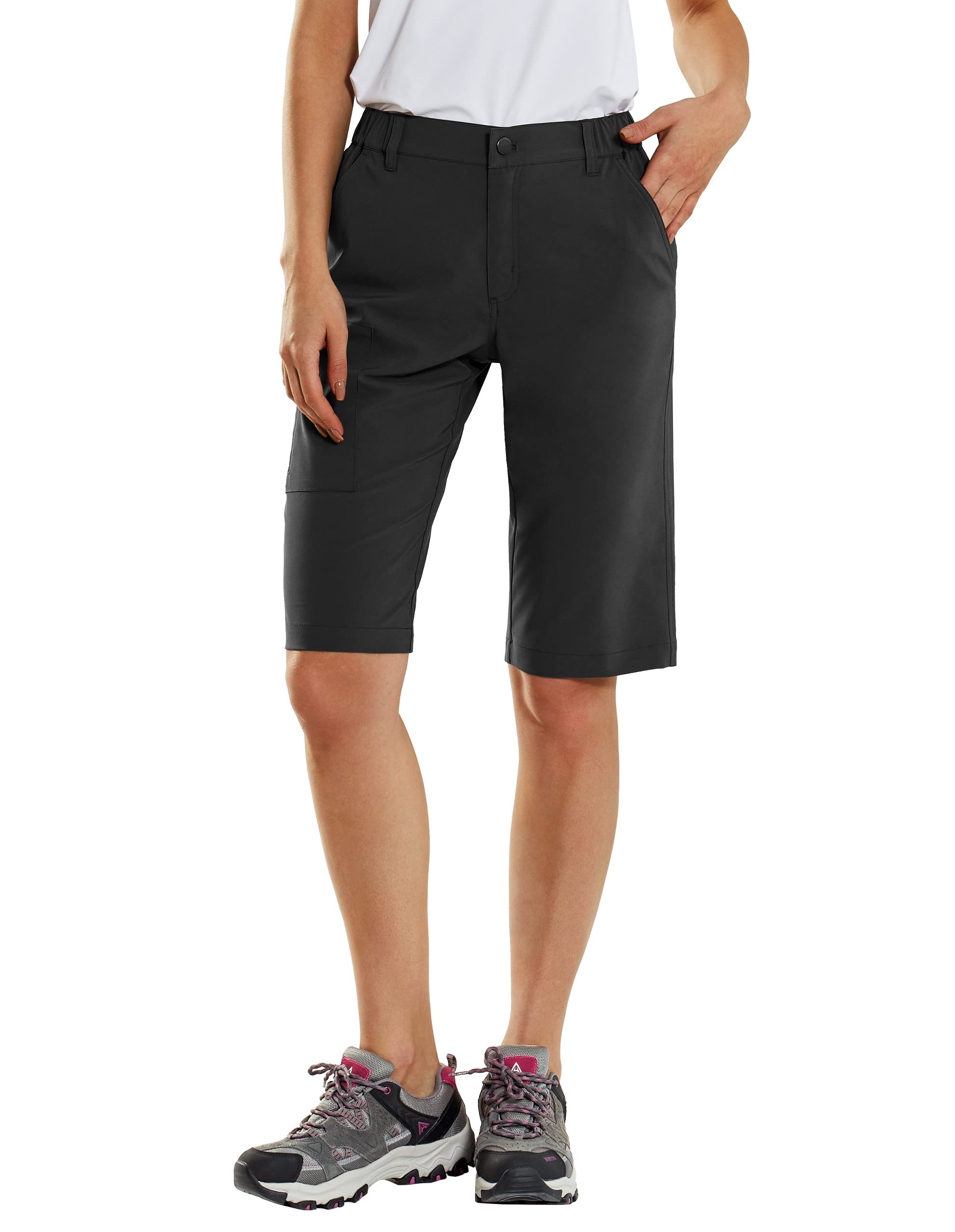SPECIALMAGIC Knee Length Shorts Women Bermuda Quick Dry Shorts Stretchy Hiking Shorts Golf Lightweight Casual for Summer Black