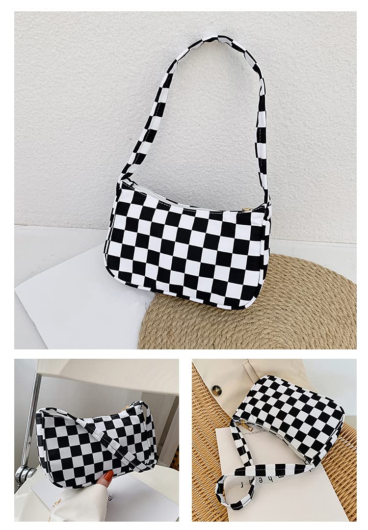 ZEHO Checkerboard Nylon Shoulder Bag Stylish Underarm Handbag Cute Retro Mini Shoulder Bag Trendy Clutch Purse 90s Y2k Bags, Black and White Checkerboard
