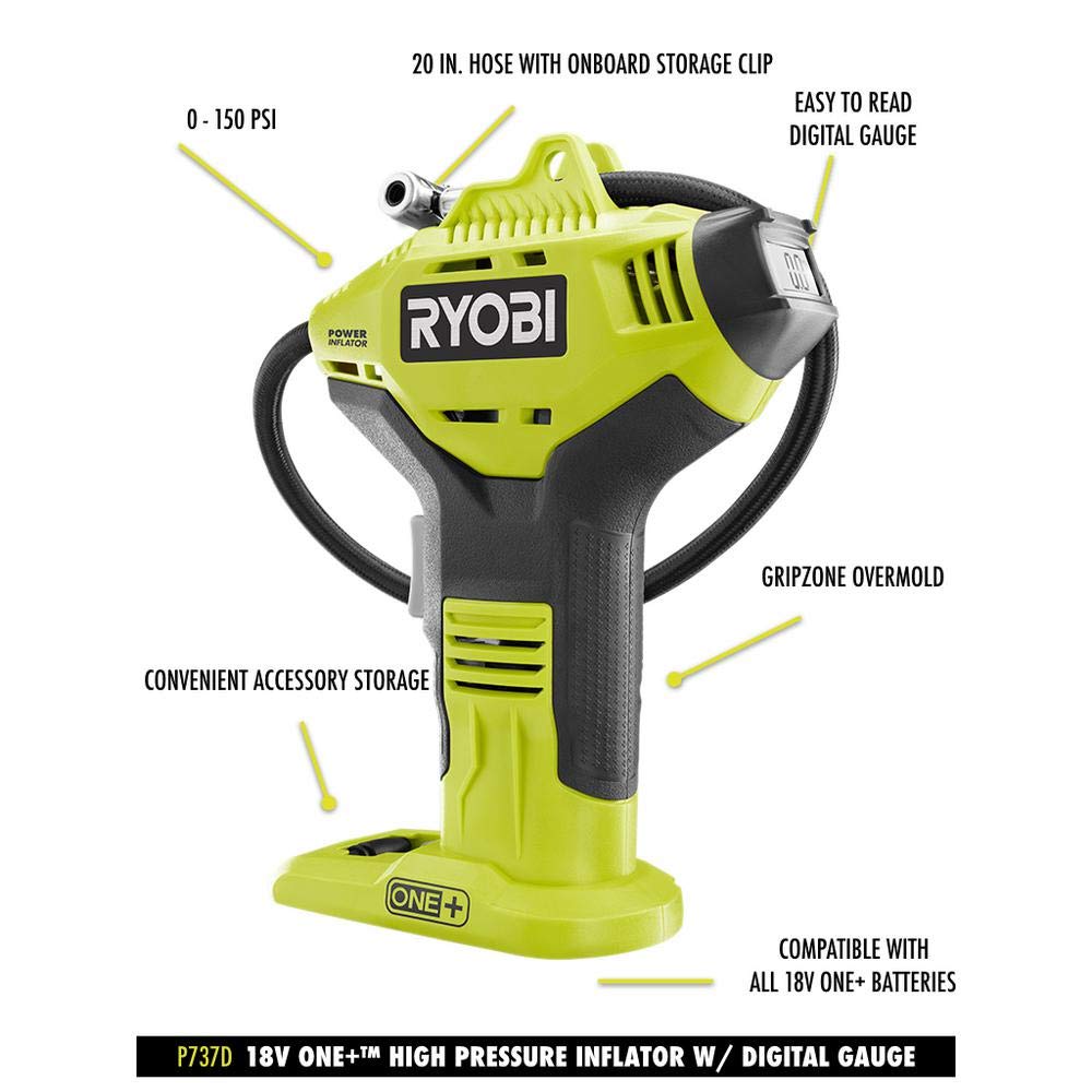 Ryobi P737D 18-Volt ONE+ Cordless High Pressure Inflator with Digital Gauge, 3.0 Ah LITHIUM+ HP High Capacity Battery, 18-Volt Charger, and Bag