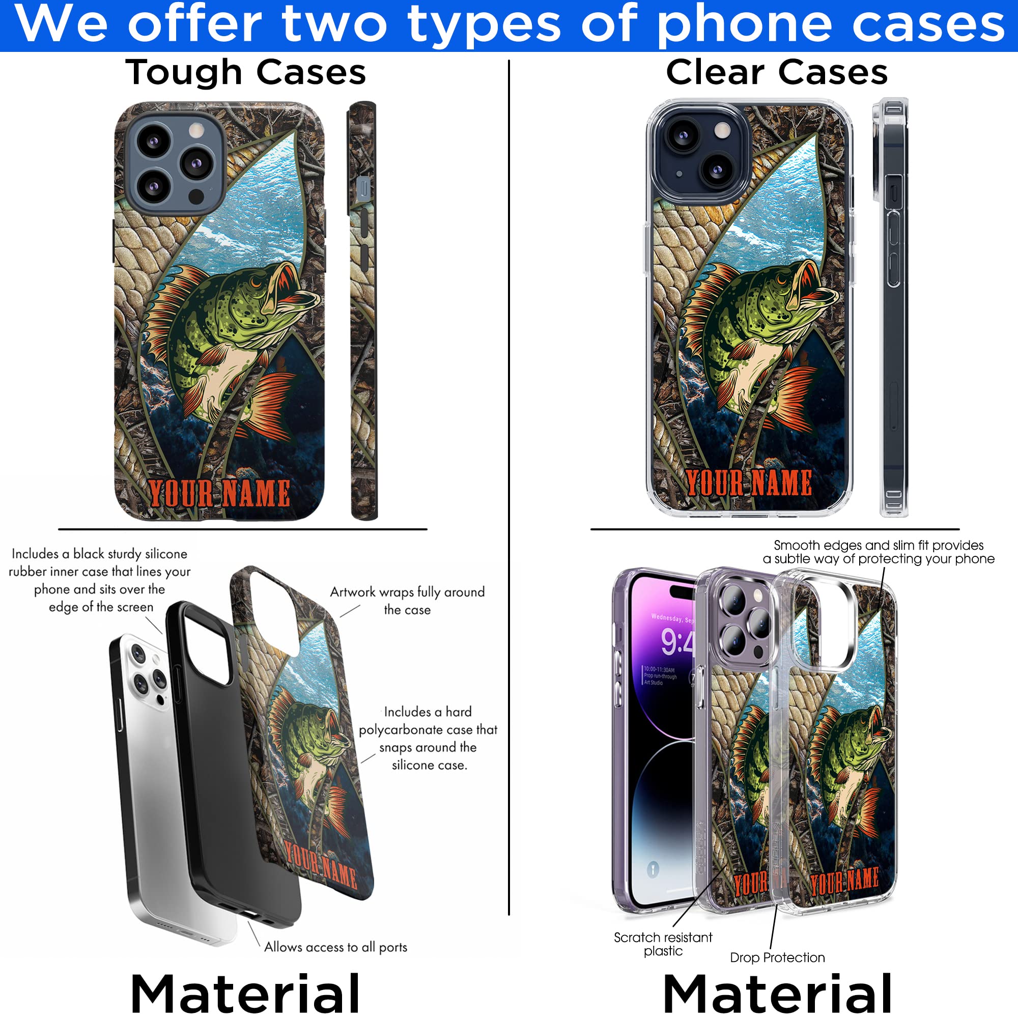 Personalized Bass Fish Fishermen Phone Case Custom Name Bass Fishing Leather Pattern Cute Protective Cover Customized Compatible with iPhone 14 12 13 11 Promax Samsung s23 s22 s21 s20 s10 Ultra