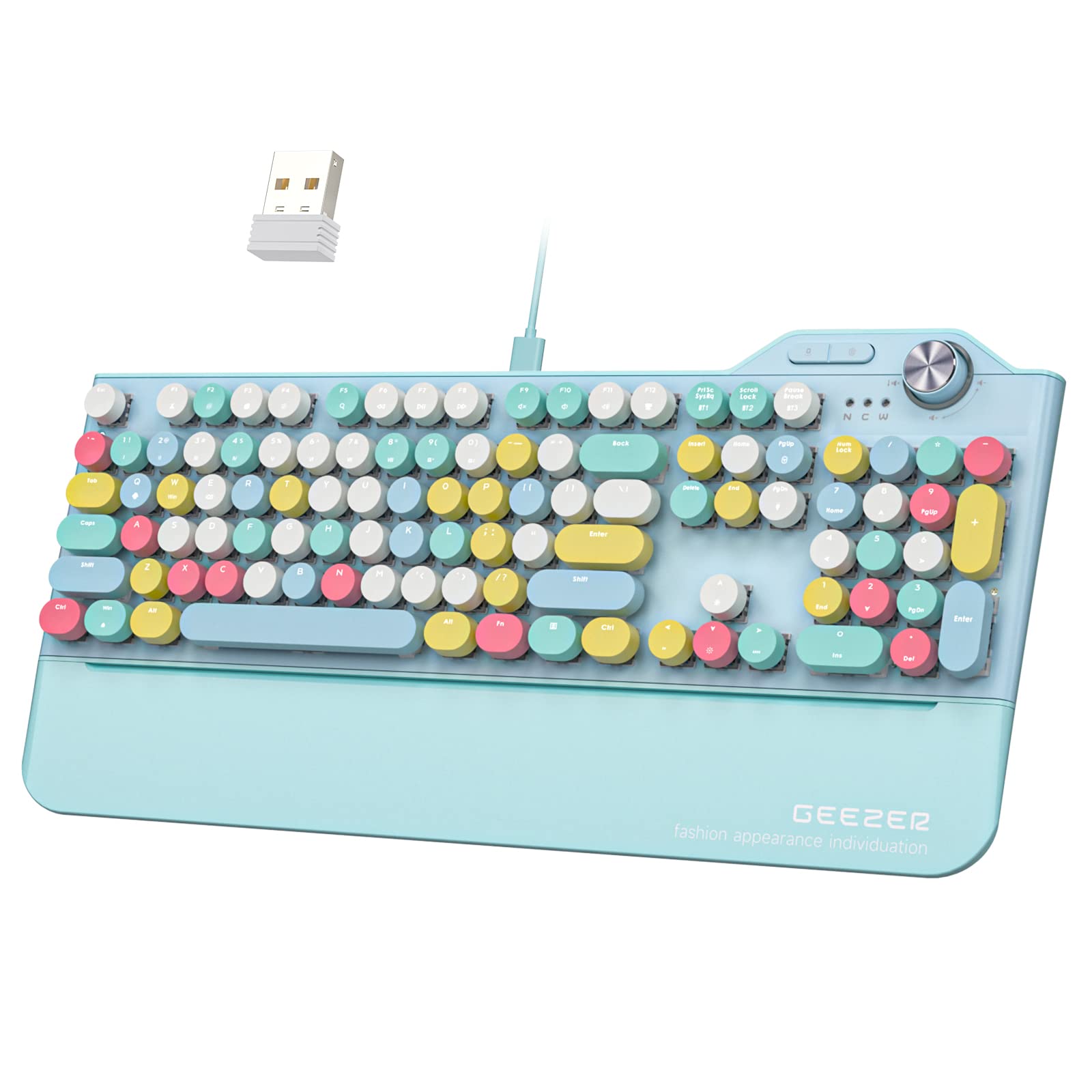 Wireless Mechanical Gaming Keyboard with LED Backlit, Multihost 2.4 GHz + Bluetooth + Wired Connection, Blue Switch Rechargeable Full-Size Keyboard with Ergonomic Magnetic Wrist Rest for Windows, Mac