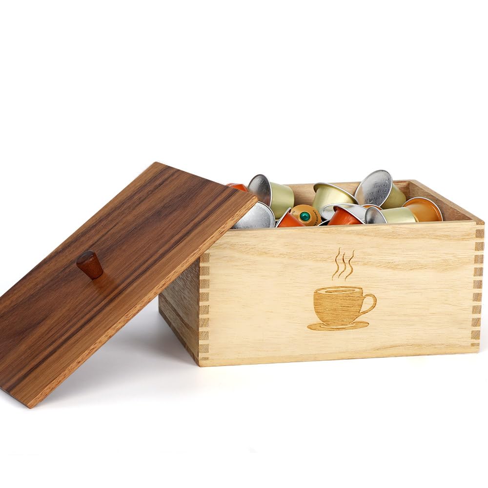 RiLiKar Wood Coffee Pod Holder Storage Box Organizer with Lid Large Capacity Coffee Station Organizer for Countertop Modern Coffee Storage Container Coffee Bar Accessories Organizer (Rectangle)