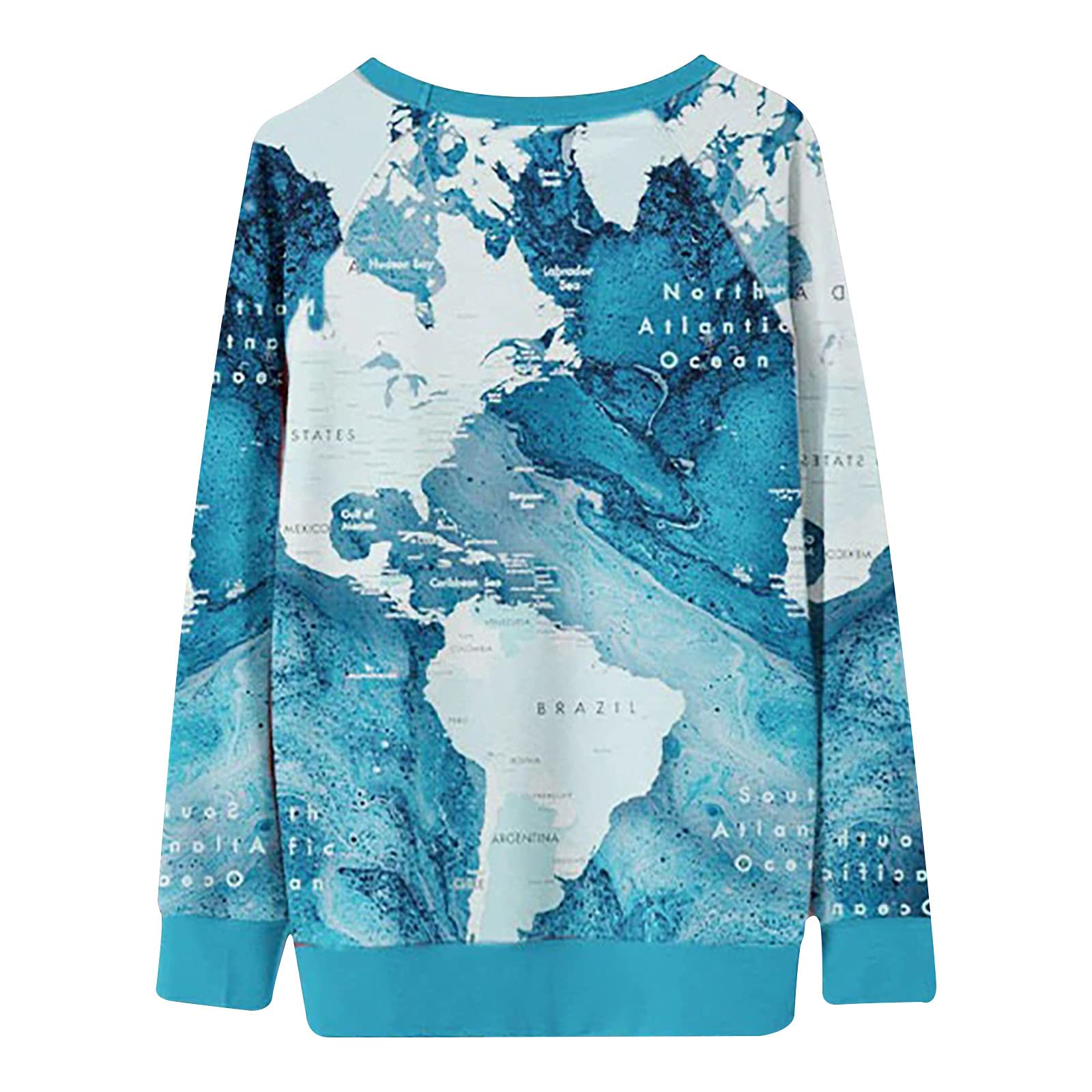 Womens Novelty World Map Print Shirts,Long Sleeve Crewneck Pullover Sweatshirts Thin,Casual Comfy Vintage Graphic Blouse Tops Navy