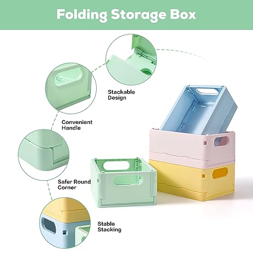 TRZZ 4-Pack Mini Storage Crates Organizer, Collapsible Plastic Storage Basket with Space-Saving Design, Stackable Cute Bin for Office & Home Bedroom, Bathroom and Kitchen Storage Decor. (6.5"4.8"2.9")