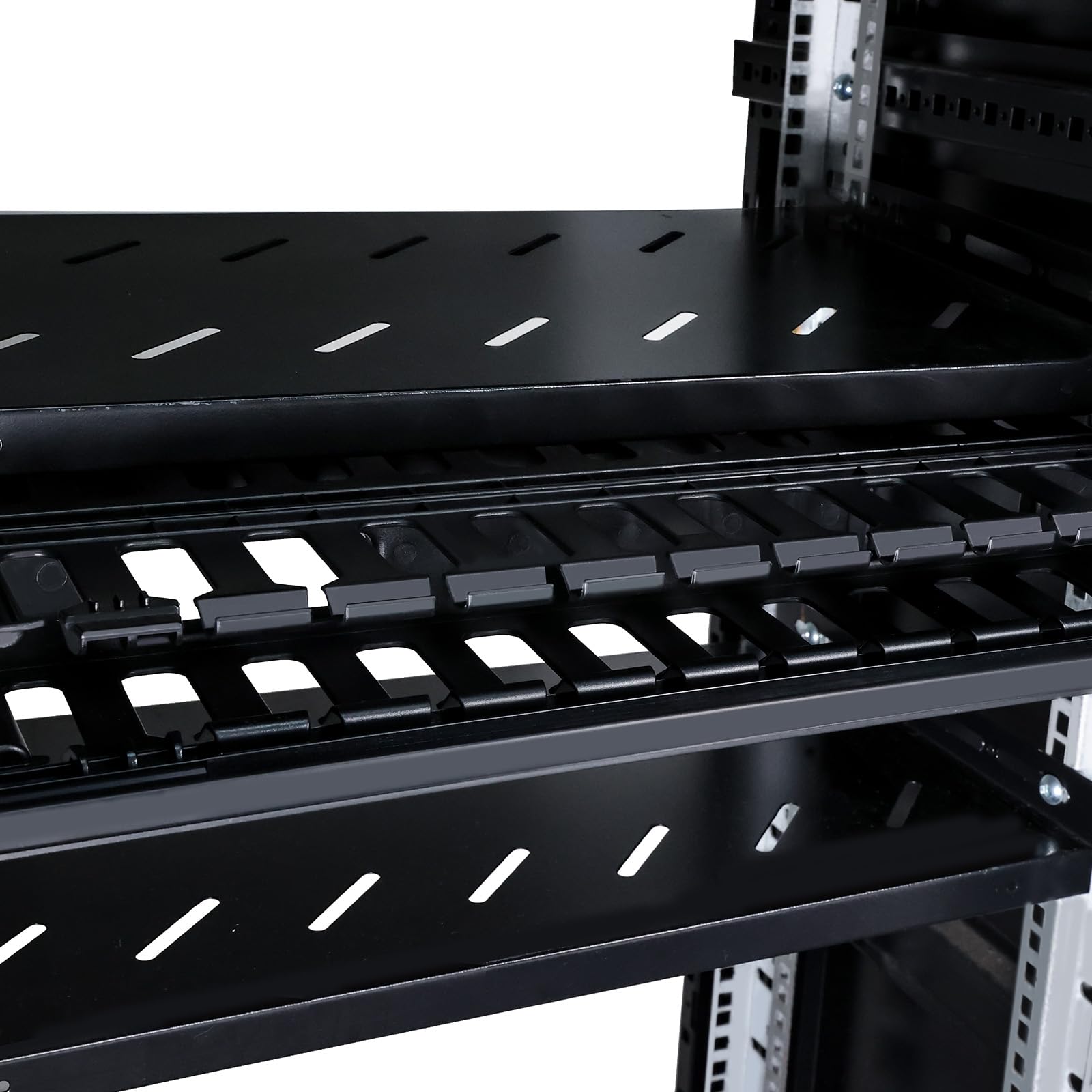 QSFPTEK 1U Cable Management, 24 Slot Horizontal Dual Sided Manager, 19" Rack Rails Wire Management Server Rack, Finger Duct with Cover, 6.85 in. Depth, Network Rack Wire Duct Raceway Panel
