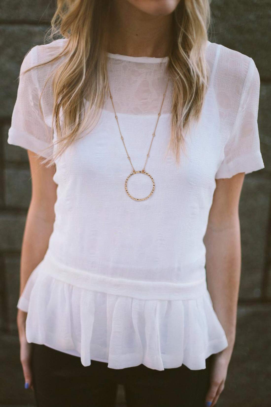 SOFYBJA Hammered Karma Open Circle Pendant Necklace Long Satellite Beaded Chain 18K Gold Plated Jewelry for Women