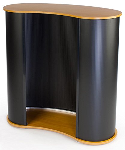 Pop-up Podium Counter with Kidney Bean Shaped Wood Grain Table Surface and Black Body - Portable Design, No Tools Required! (TSPCL02WD)