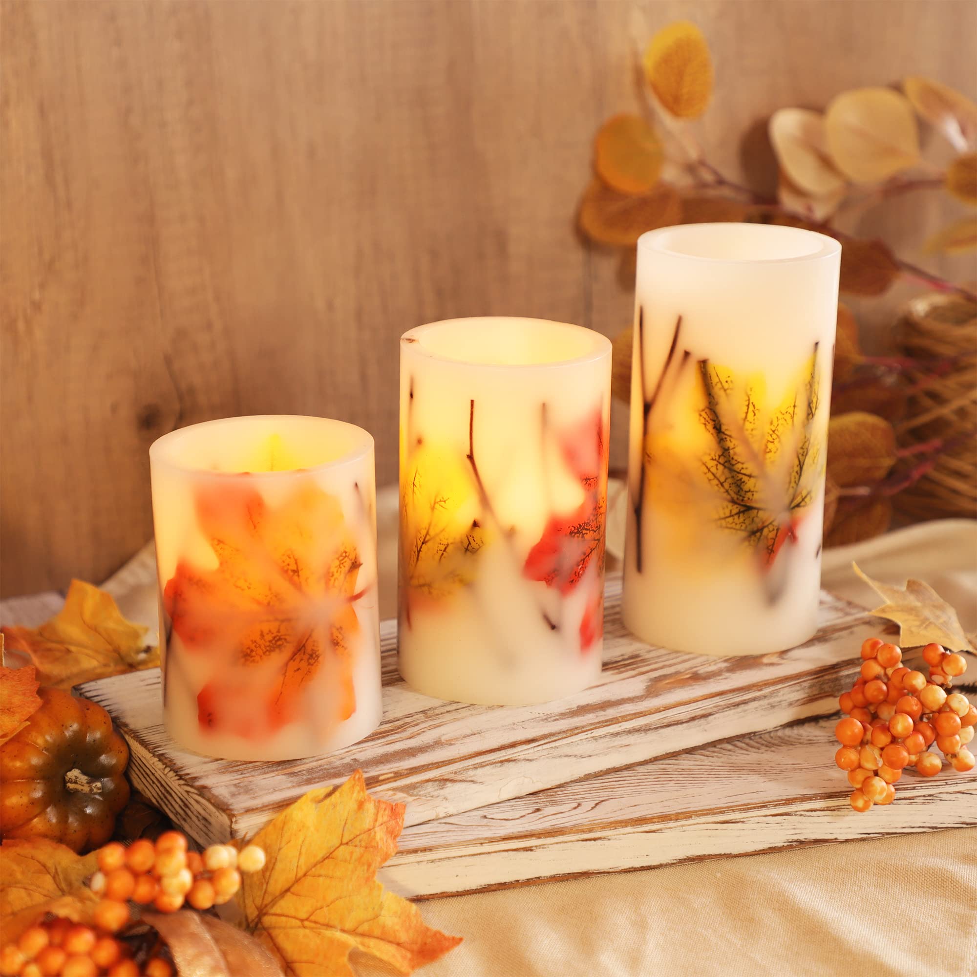 PETRISTRIKE Fall Flameless Candles, Autumn Maple Leaf Led Candles with Remote & Timer, Realistic Flickering Real Wax Candles for Harvest Festive, Thanksgiving Day, Party Decorations