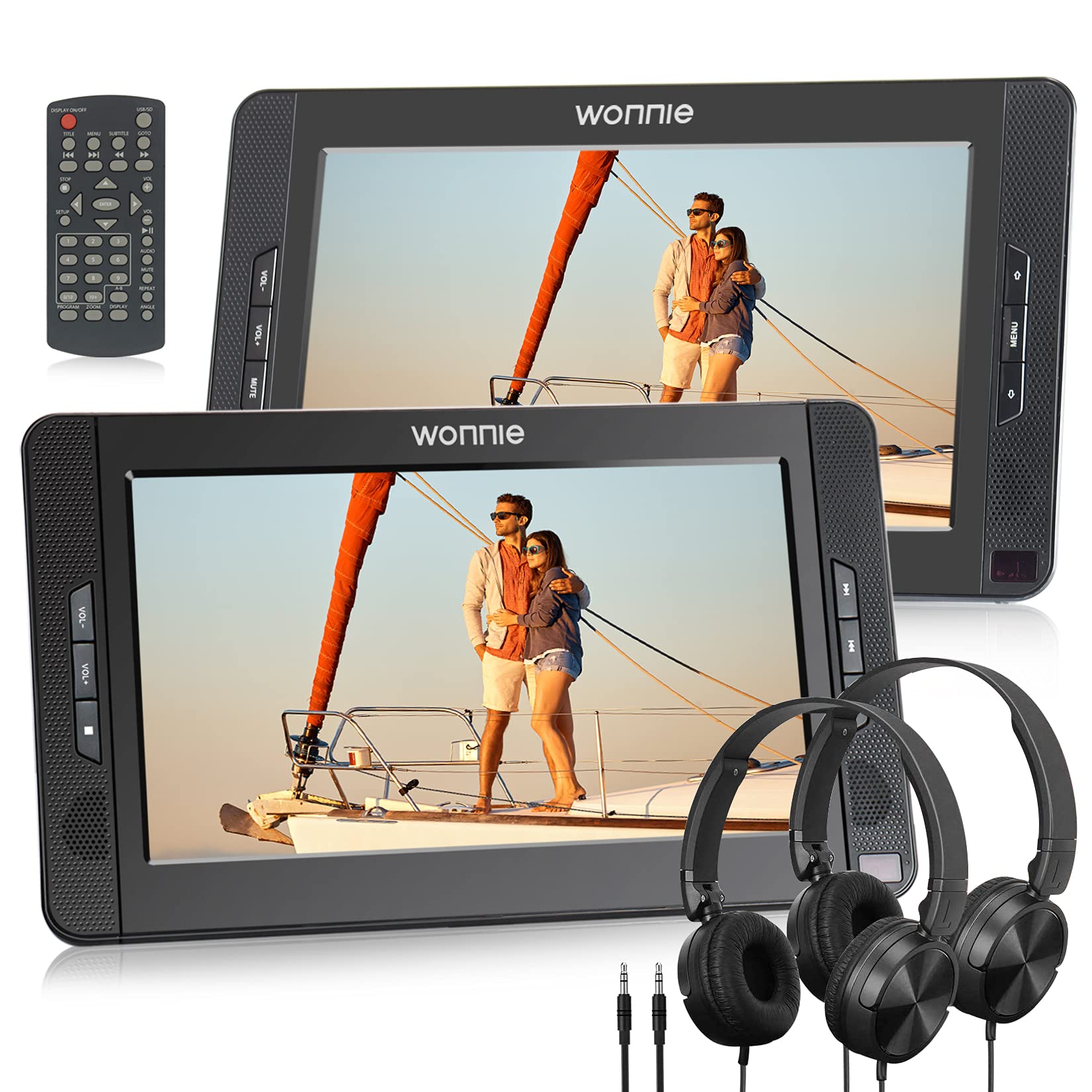 Wonnie 10.5inch Dual Portable DVD Player for Car, Headrest Kids CD Players with Two Headphones Built-in 5 Hours Rechargeable Battery, Support USB/SD/MMC,Regions Free,AV Out & in ( 1 Player+1 Monitor )