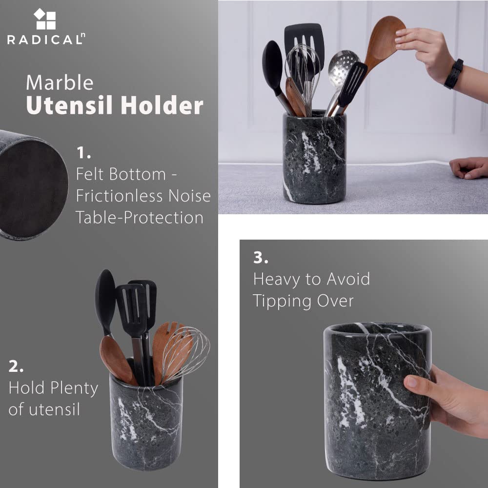 Radicaln Marble Utensil Holder Spoon Caddy Countertop Black Handmade Kitchen Utensils Set Organizer - 5 Inch Flatware Chopstick Canister Utensil Holders – Home Accessories (BZ-03)