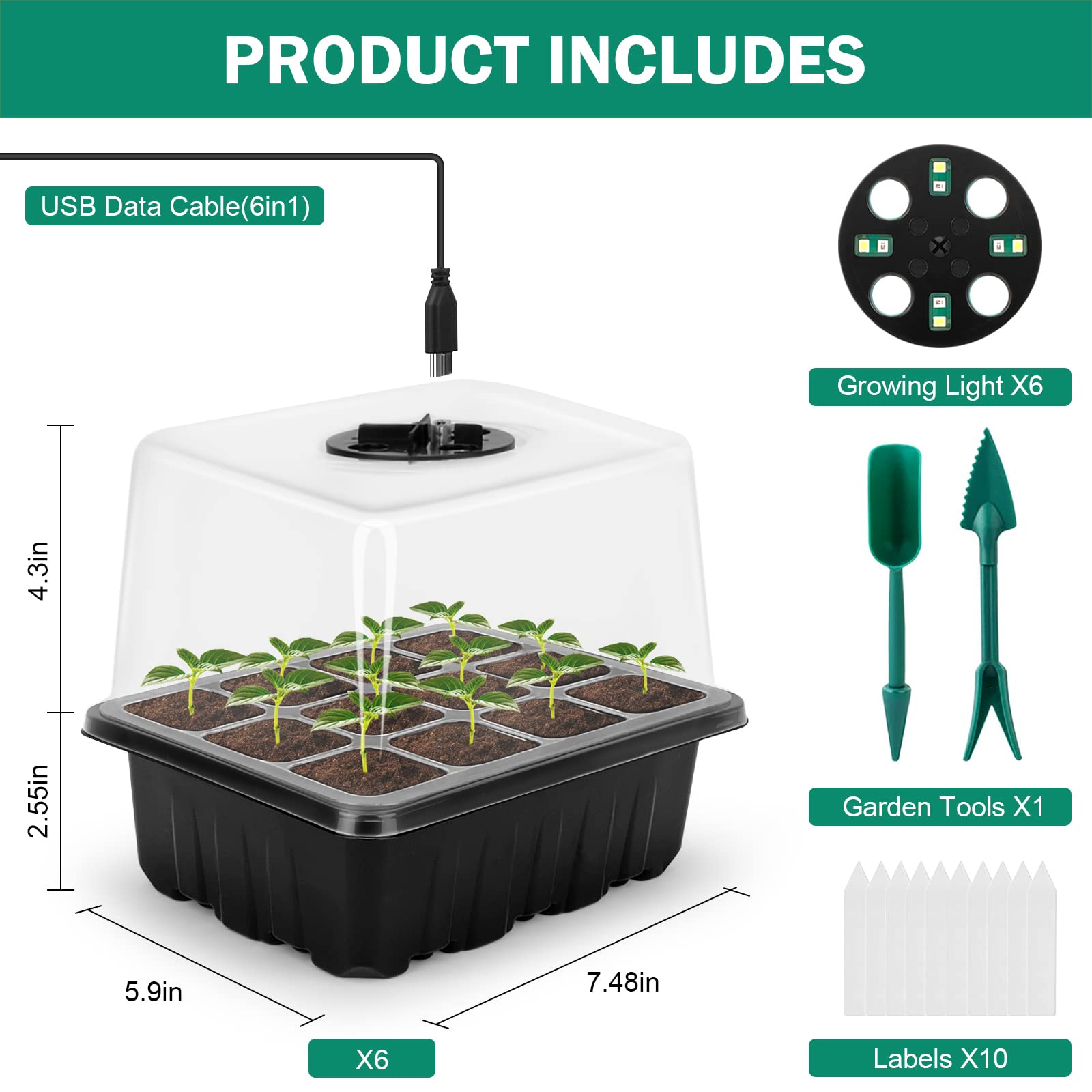 RIOGOO 6 Pack Seed Starter Tray with Grow Light, Timing Seed Starter Kit with Adjustable Brightness & Humidity,Greenhouse Germination Kit for Seed Growing Starting (12x6,72 Cells)
