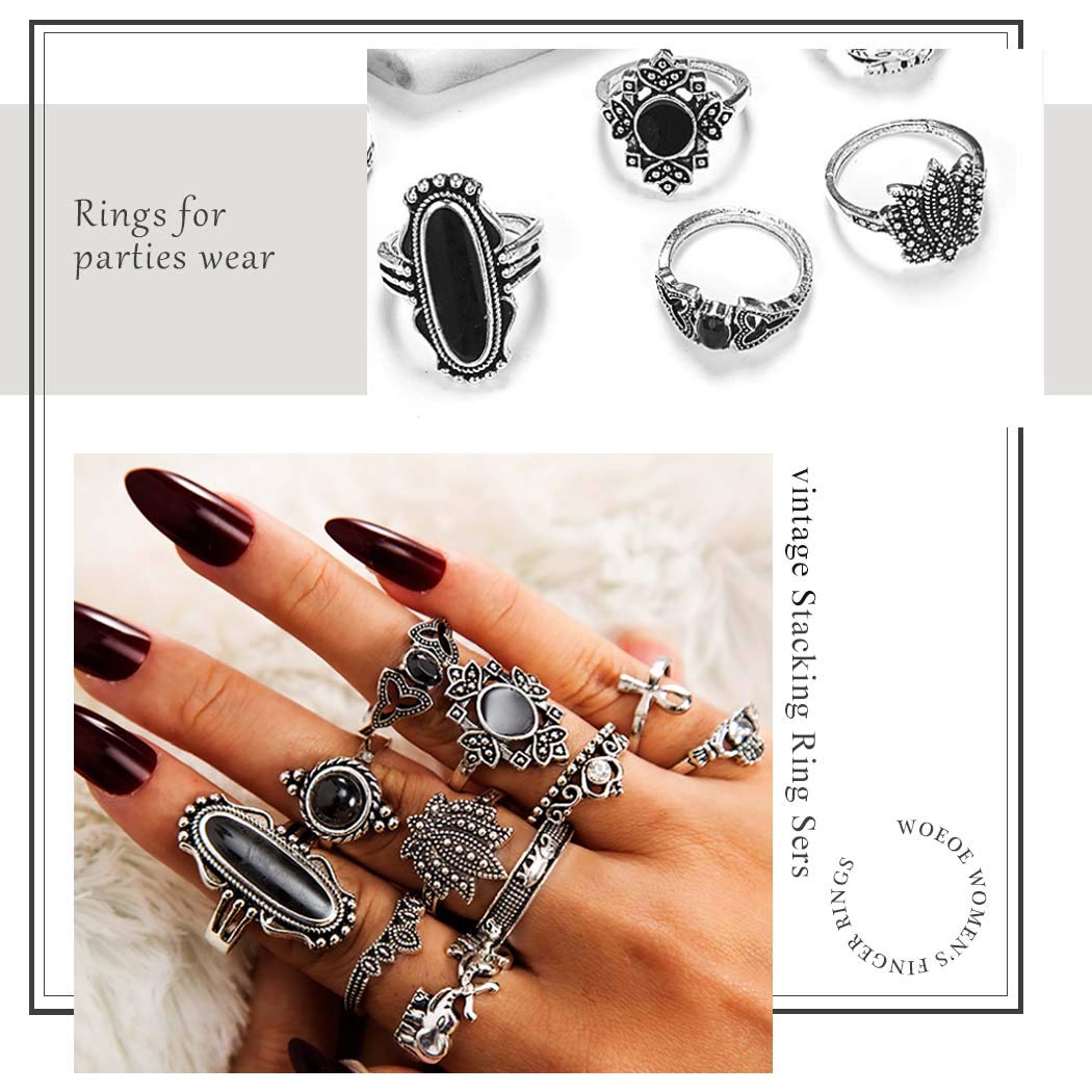 Woeoe Silver Stackable Rings Black Gemstone Knuckle Midi Ring Sets Vintage Rhinestone Joint Nail Ring Set for Women and Girls(11PCS)