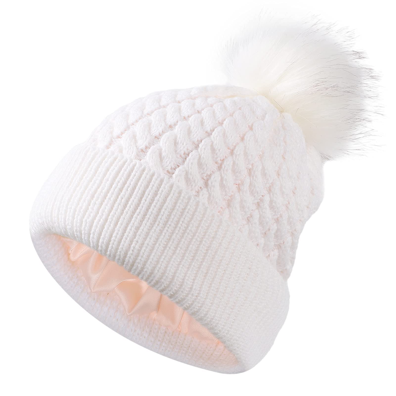 Womens Winter Satin Lined Beanie Hat Cuffed Cable Knit Detachable Faux Fur Pompom Silky Lined Warm Cap White