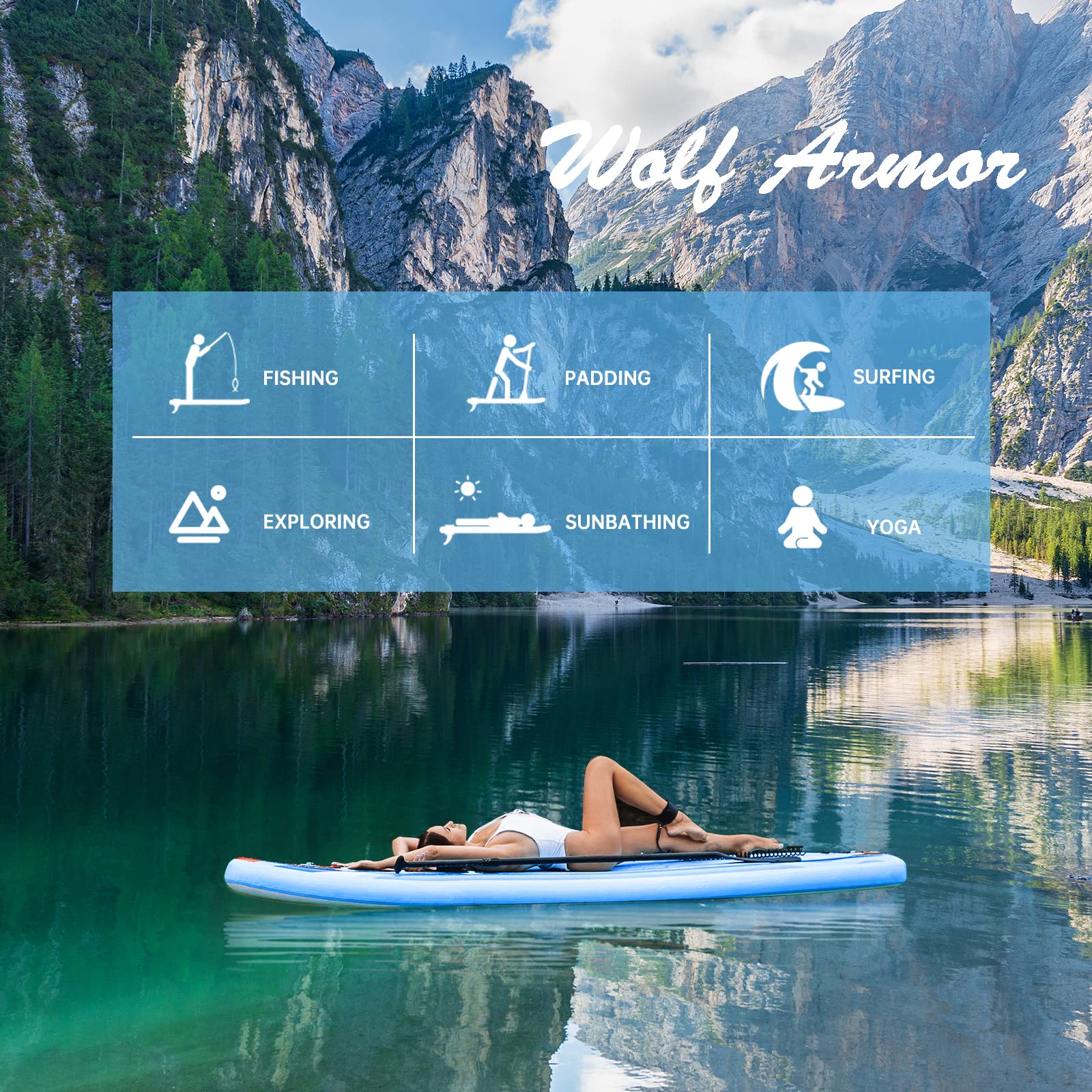 WOLF ARMOR Inflatable Stand Up Paddleboard with SUP Accessories&Backpack,Waterproof Bag,Adjustable Paddle, Removable Fin,Antislip Deck, Safety Leash, Hand Pump, Standing Boat for Youth and Adult