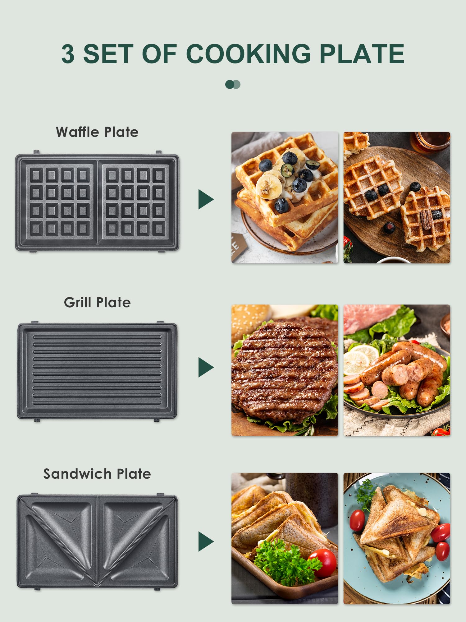 Reemix 3-in-1 Waffle, Grill & Sandwich Maker, Panini Press Grill and Waffle Iron Set with Removable Non-Stick Plates, Perfect for Cooking Grilled Cheese, Tuna Melts, Burgers, Steaks and Snacks, Black (3 in1 Sandwich Maker All Stainless Steel)