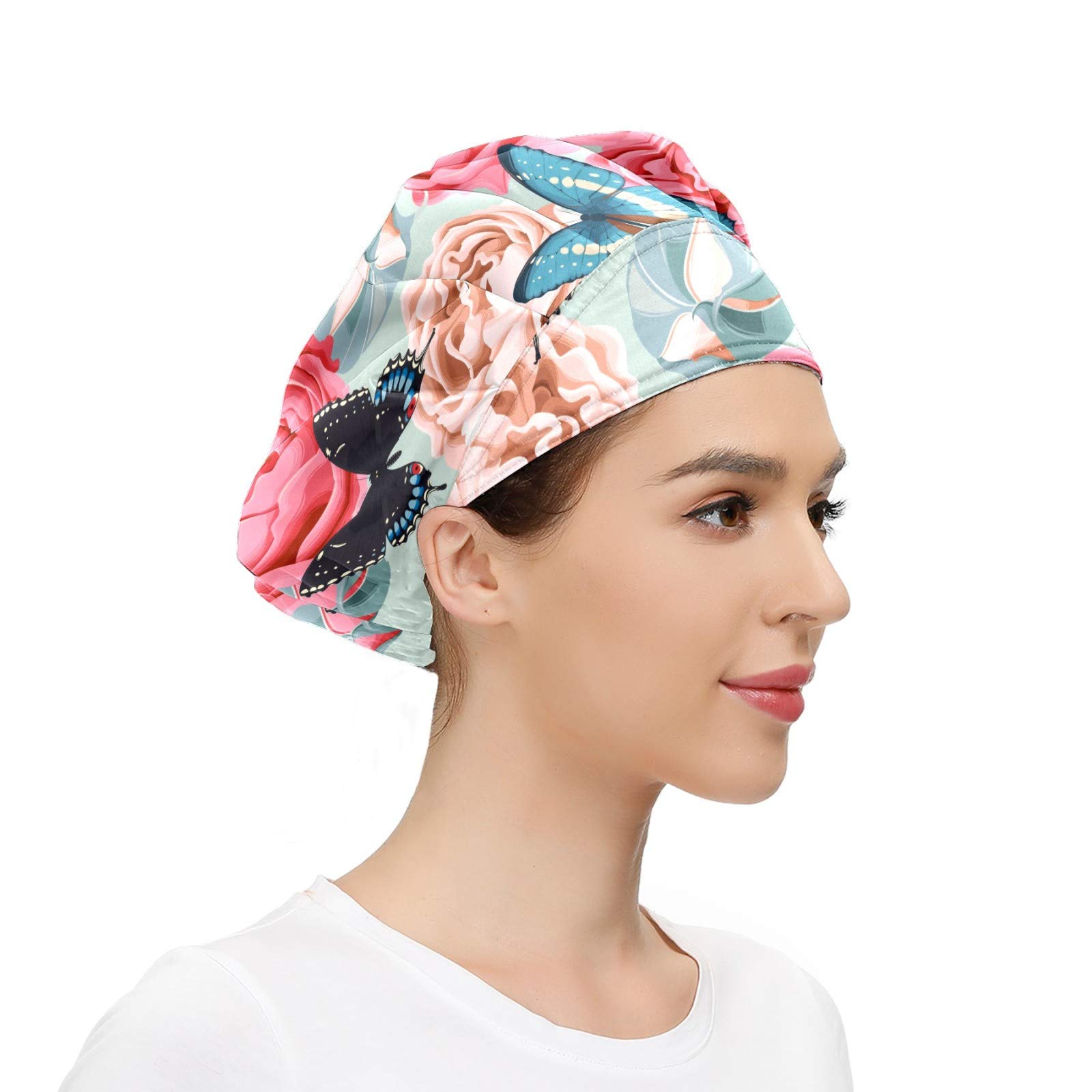 Womens Working Cap with Cotton Sweatband Adjustable Elastic Head Cover Hair Tie Back Work Hats for Women Men One Size Bouffant Hat Covers Rose with Butterfly