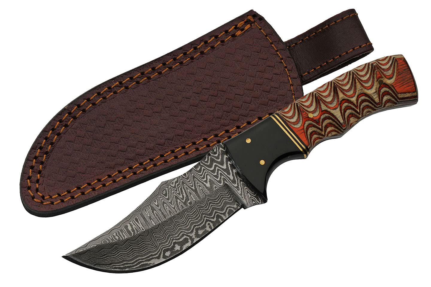 Szco Supplies 8" Horn/Twisted Wood Handle Damascus Steel Upsweep Skinning Knife With Sheath