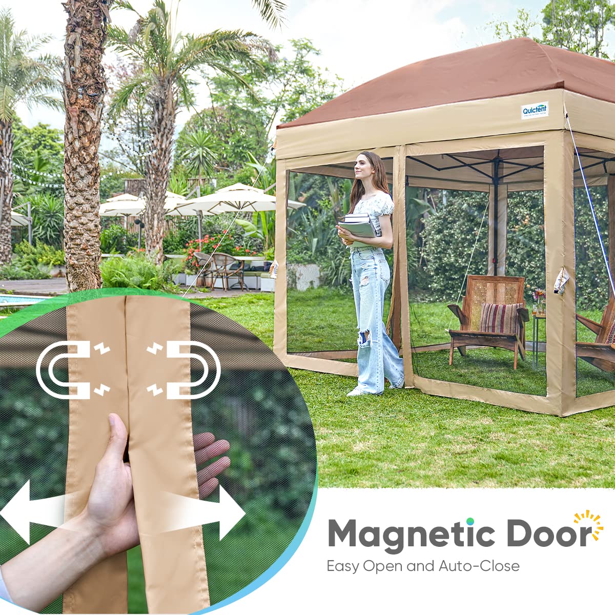 Quictent 6.6’x6.6’ Pop up Canopy Tent with Netting, Instant Setup Screen House Room Tent Screened- 4 Magnetic Doors, Waterproof (Khaki)