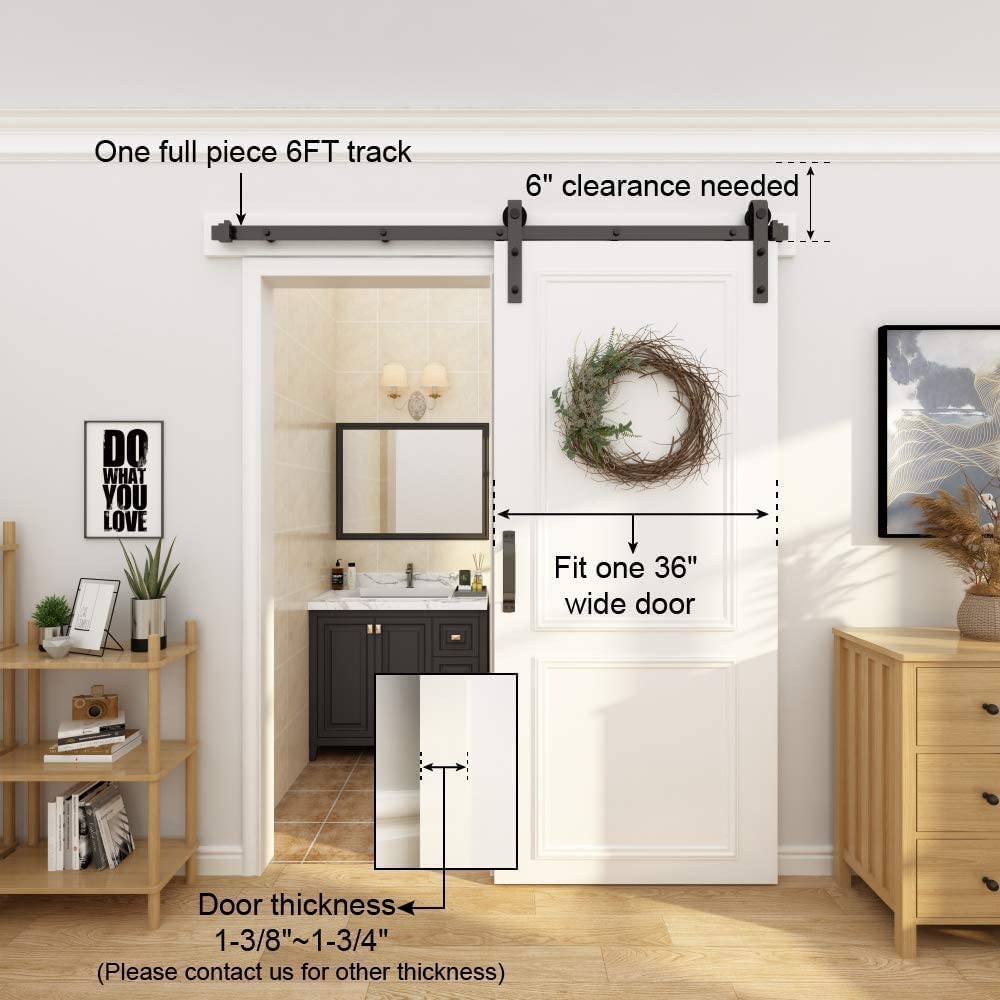WINSOON 6FT Single Sliding Barn Door Hardware Track Kit with Barn Door Lock Hardware Black Steel Sliding Privacy Latch