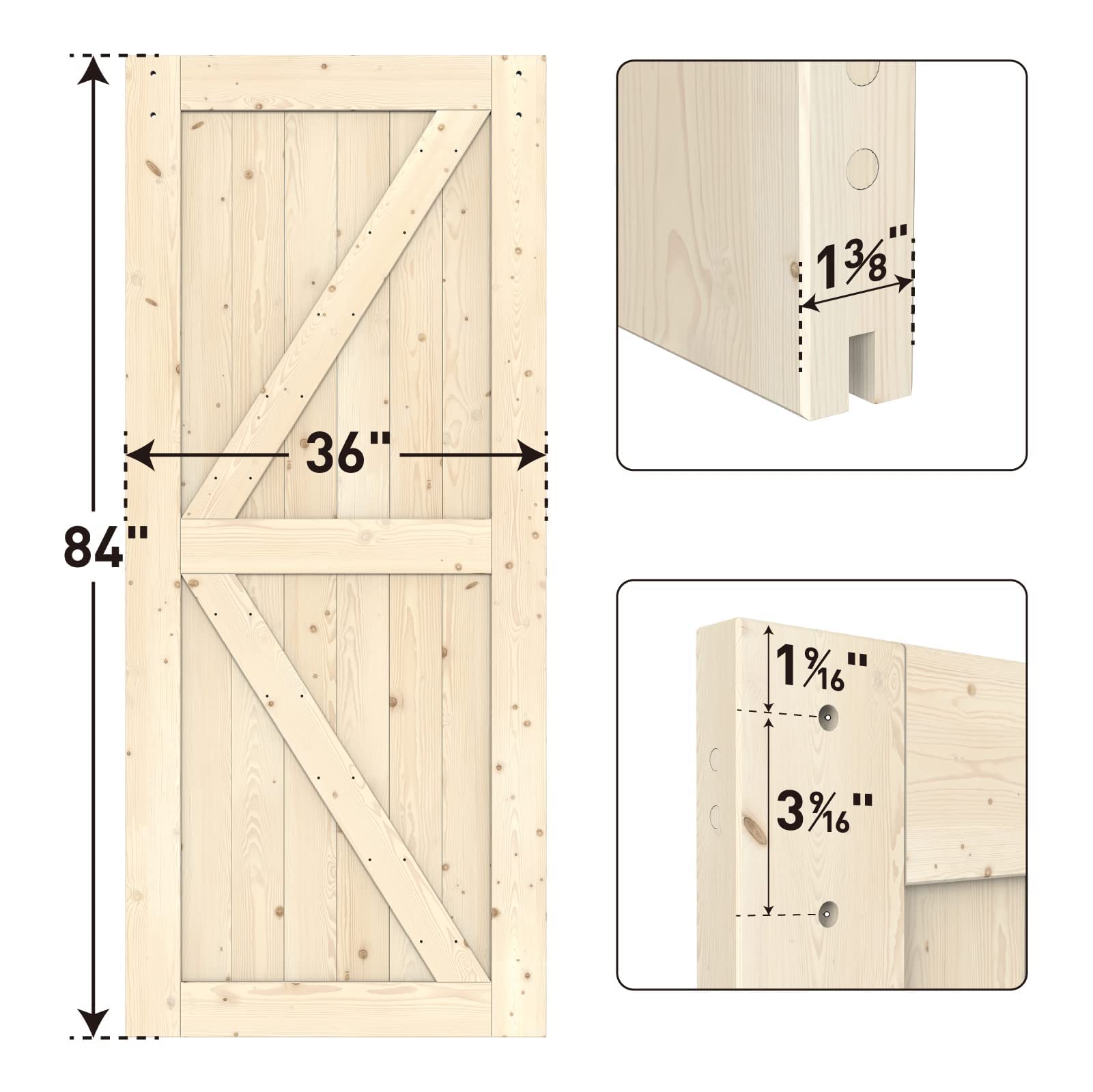 WINSOON 36in x 84 in Sliding Barn Door Interior Paneled Slab with 1 PC sliding barn door handle, DIY Unfinished Barn Doors Solid Spruce Wood, K Frame Planks, Pre-Drilled, Bottom Grooved