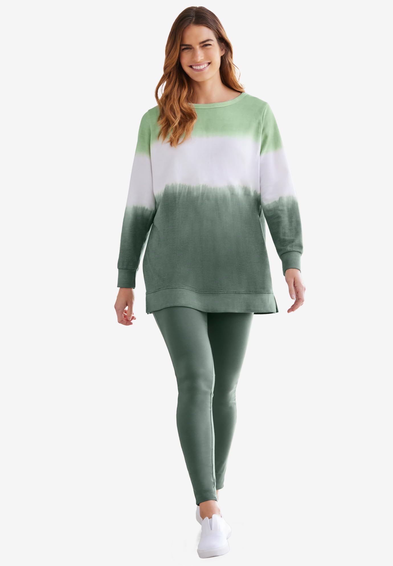 Woman Within Women's Plus Size Tie-Dyed Knit Sweatshirt Tunic - 34/36, Classic Pine Ikat Tie Dye Green