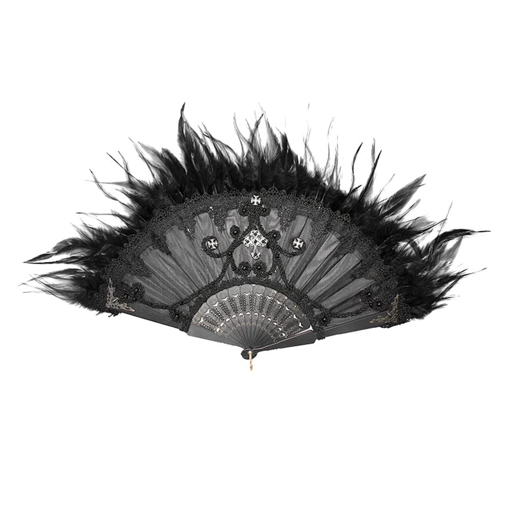 Women Hand-Cranked Webbing Gothic Feather Fan Vintage Handheld Folding Hand Fan for Costume Party Dancing Black