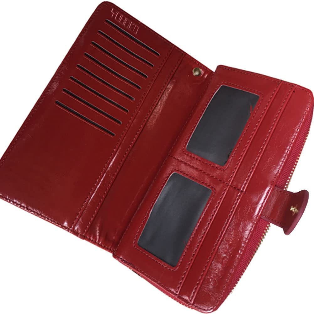 YOBOKO Womens Long Trifold Wallet Large Card Cases Holder Money Organizers (Wine Red)